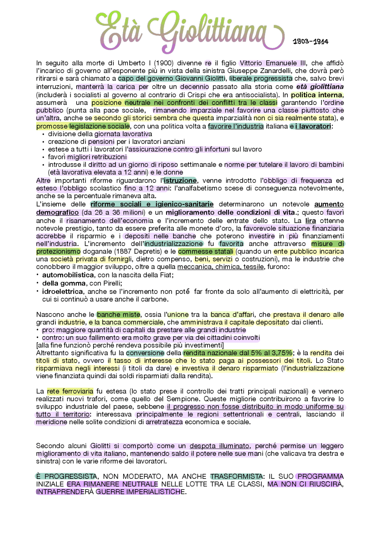 Riassunto Età Giolittiana Appunti Di Storia Docsity
