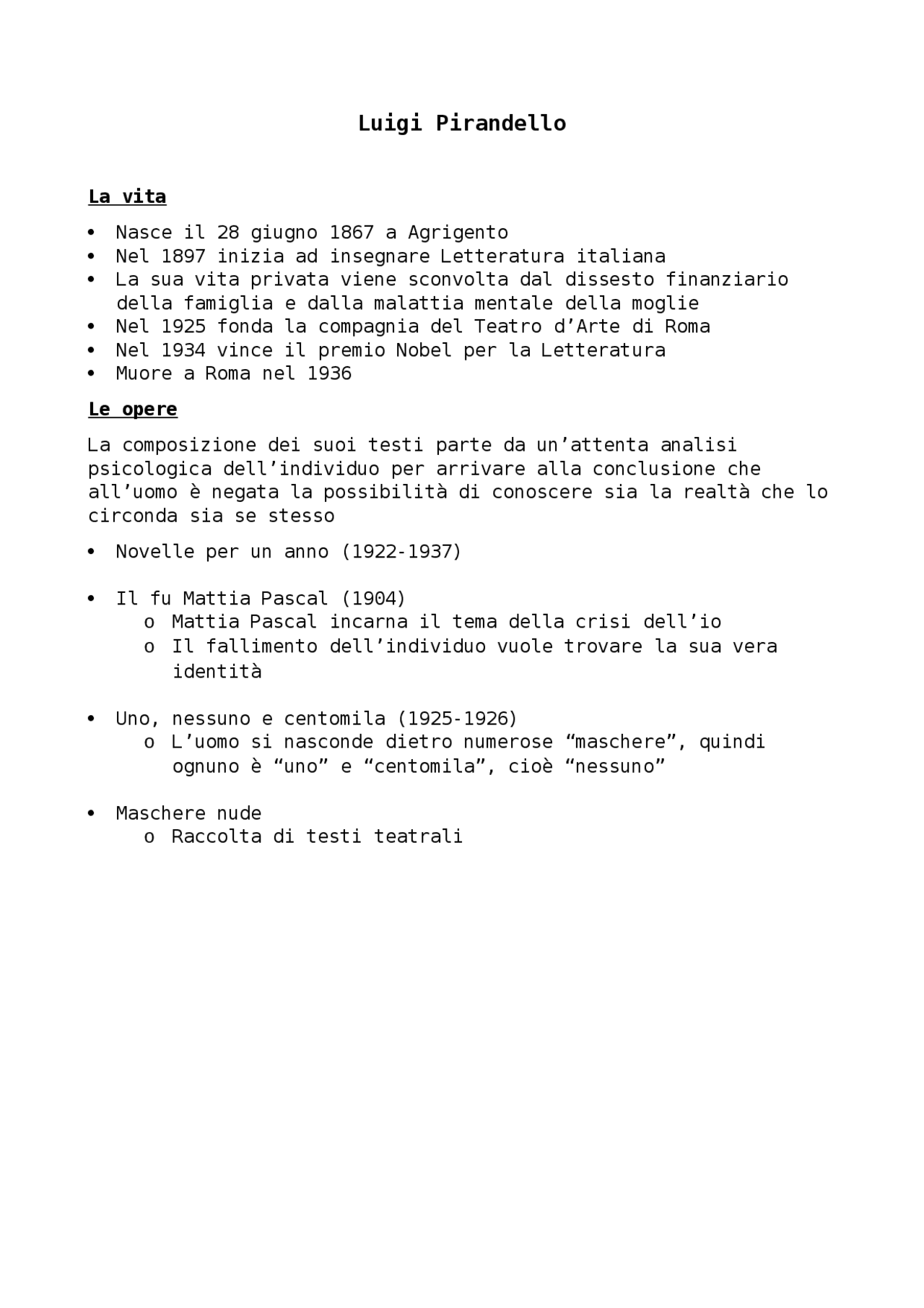 Mappa concettuale Pirandello | Schemi e mappe concettuali di Italiano ...