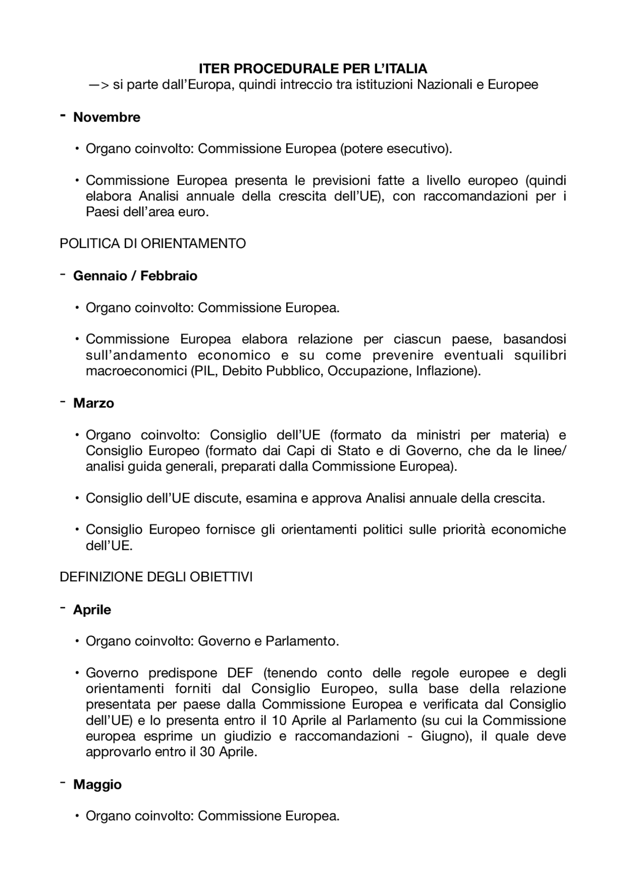 Iter procedurale per la definizione degli obiettivi economici dell'Italia nell'ambito dell'UE ...