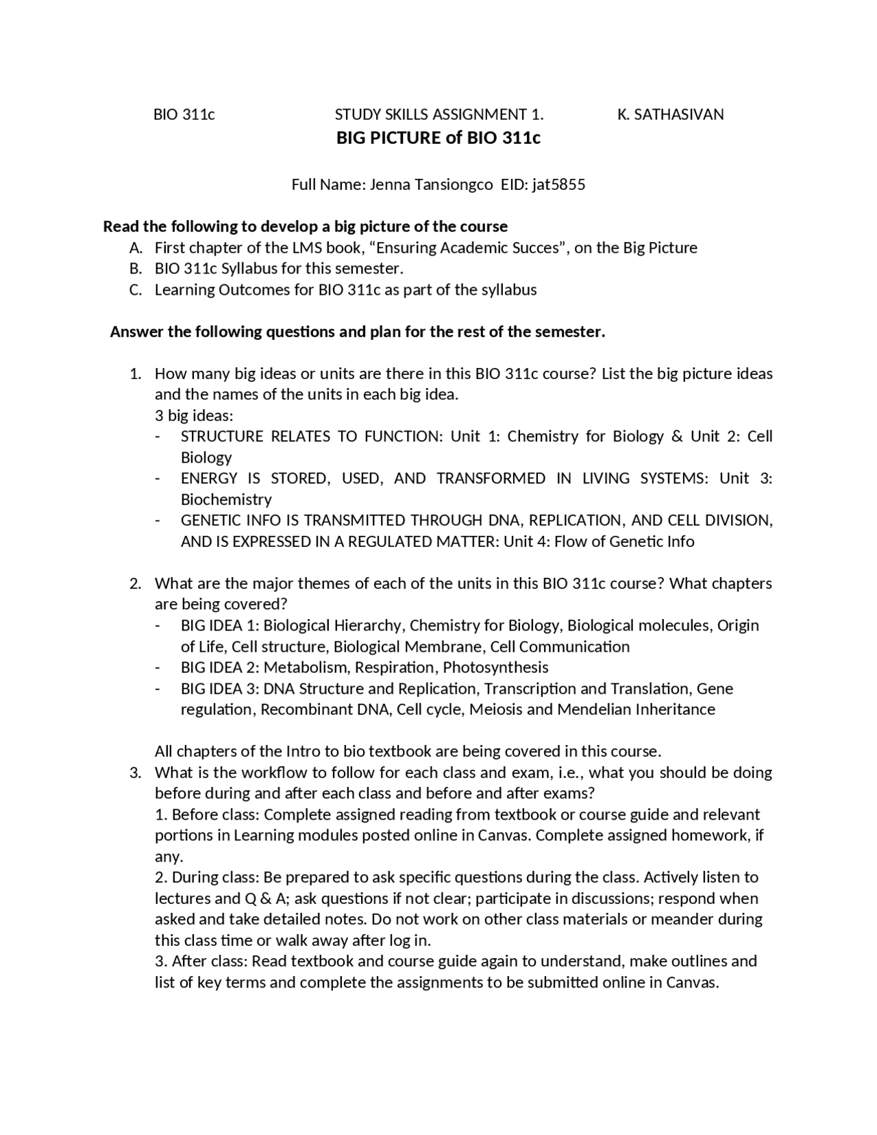 Study Skills assignment number one | Assignments Biology - Docsity