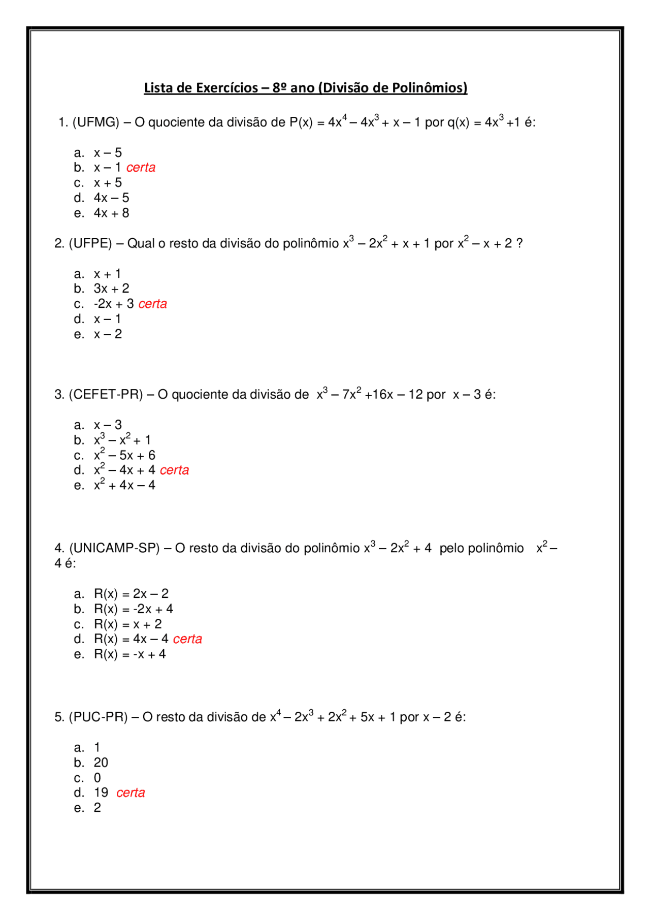 Operações Com Polinômios Exercícios Matemática Docsity
