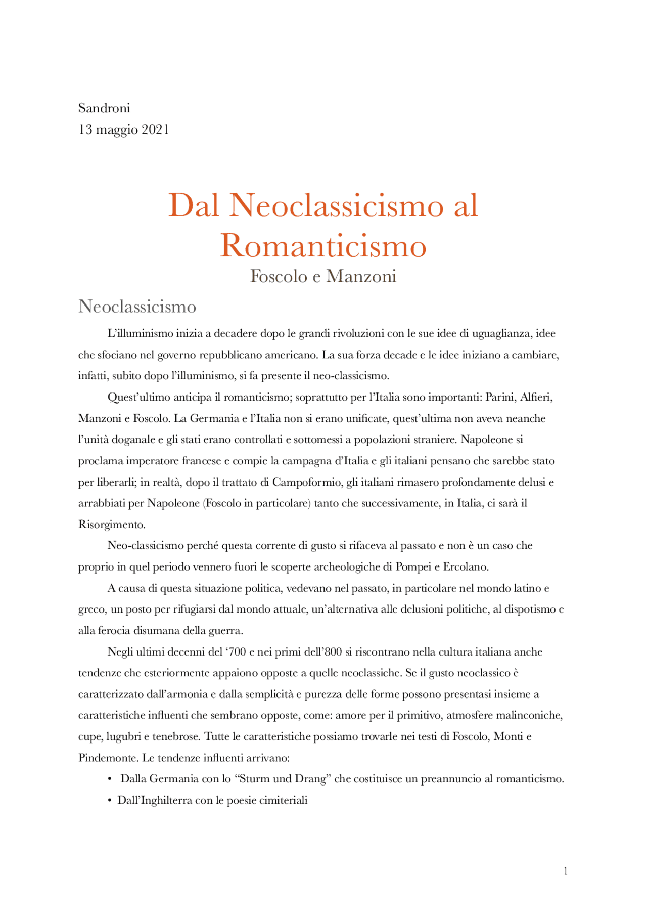 Neoclassicismo e romanticismo | Appunti di Italiano | Docsity