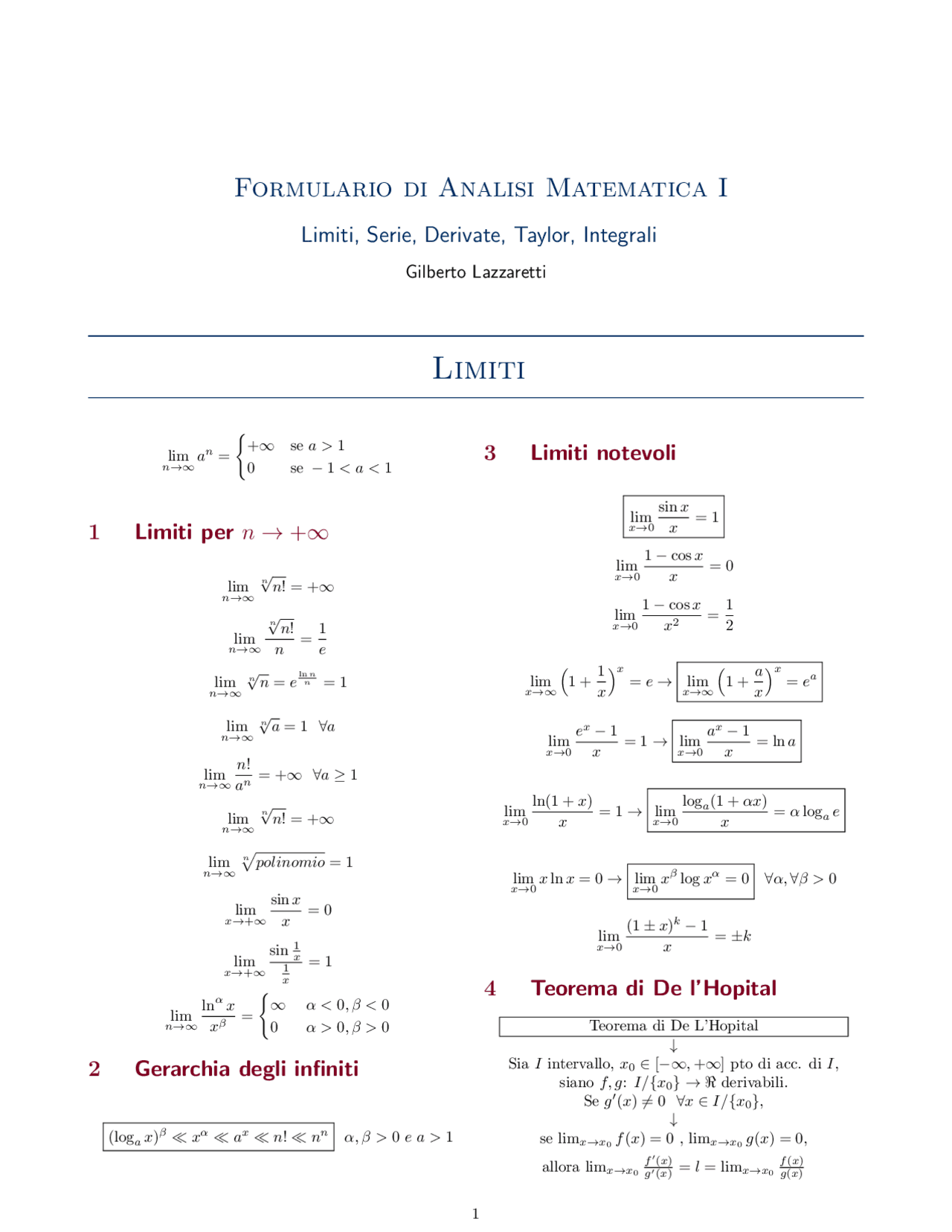 Formulario per Analisi Matematica 1 | Schemi e mappe concettuali di Analisi Matematica I | Docsity