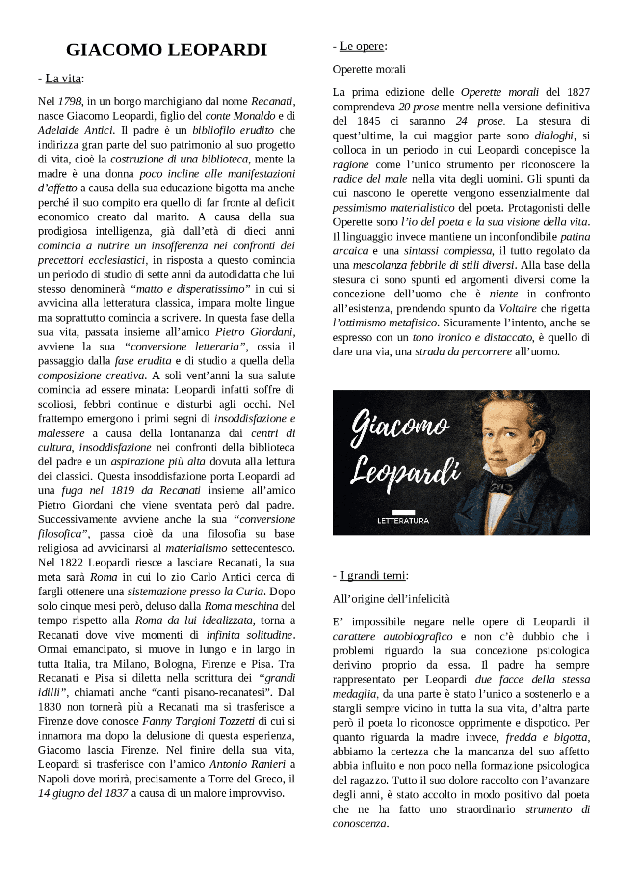 GIACOMO LEOPARDI ED I CANTI | Schemi e mappe concettuali di Italiano | Docsity