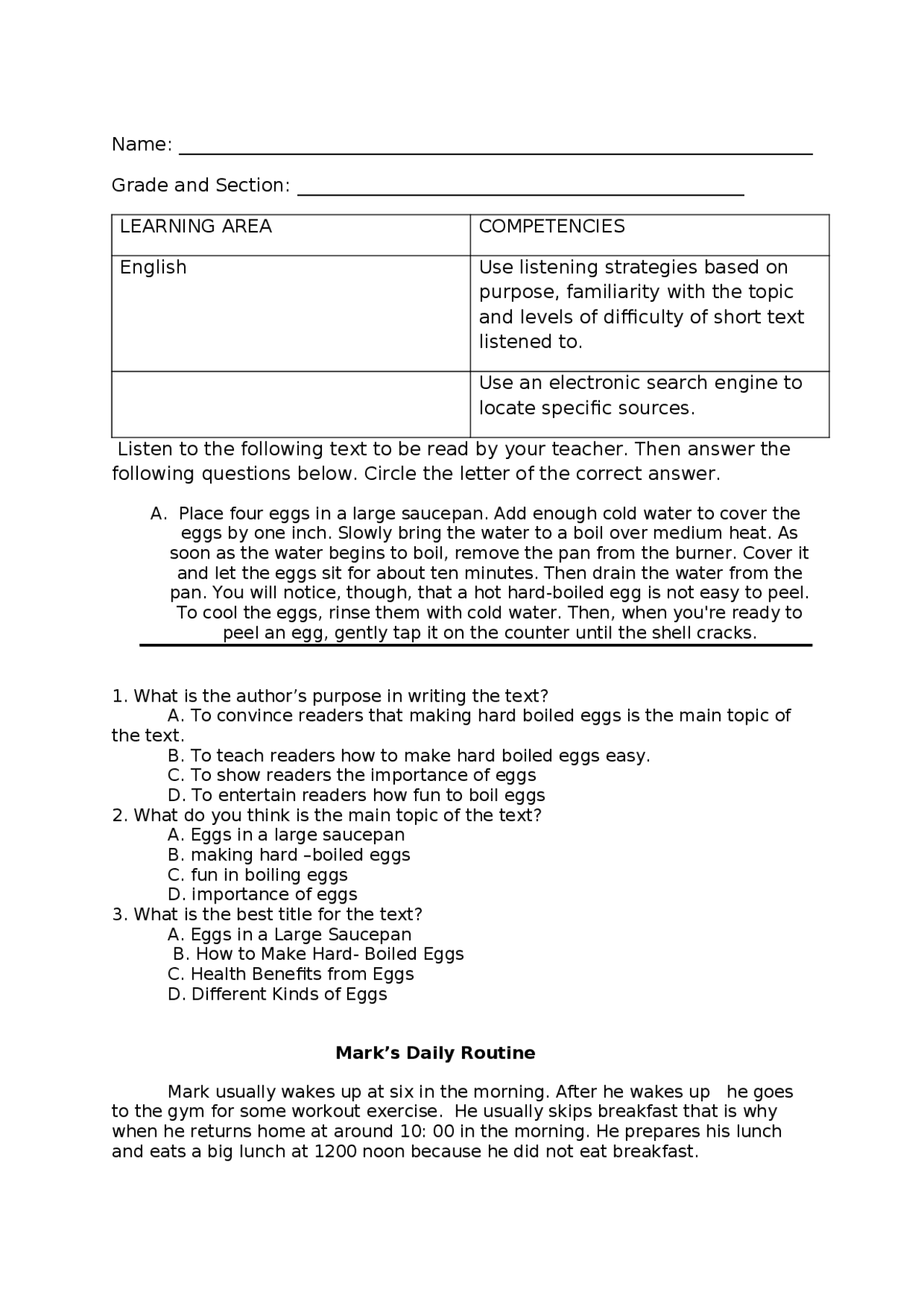 Grade 7 English quiz Listening strategy with answer key | Quizzes ...