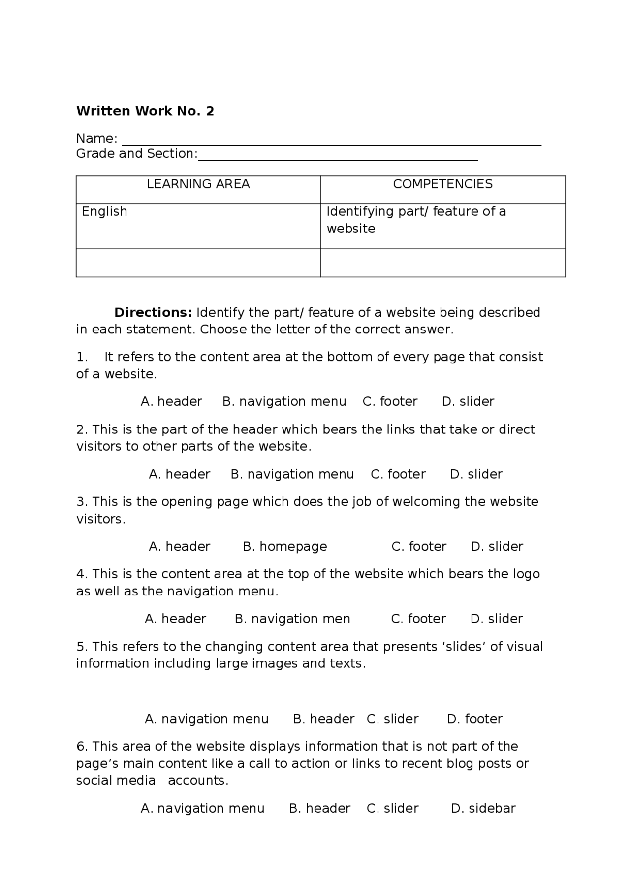 English & quiz -Identifying part or feature of a website with answer ...