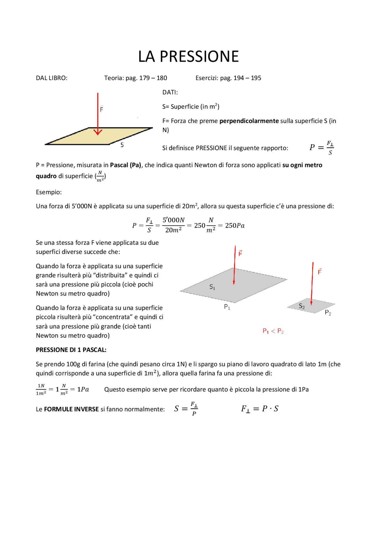 Riassunto Pressione ( a livello liceale ) | Schemi e mappe concettuali ...