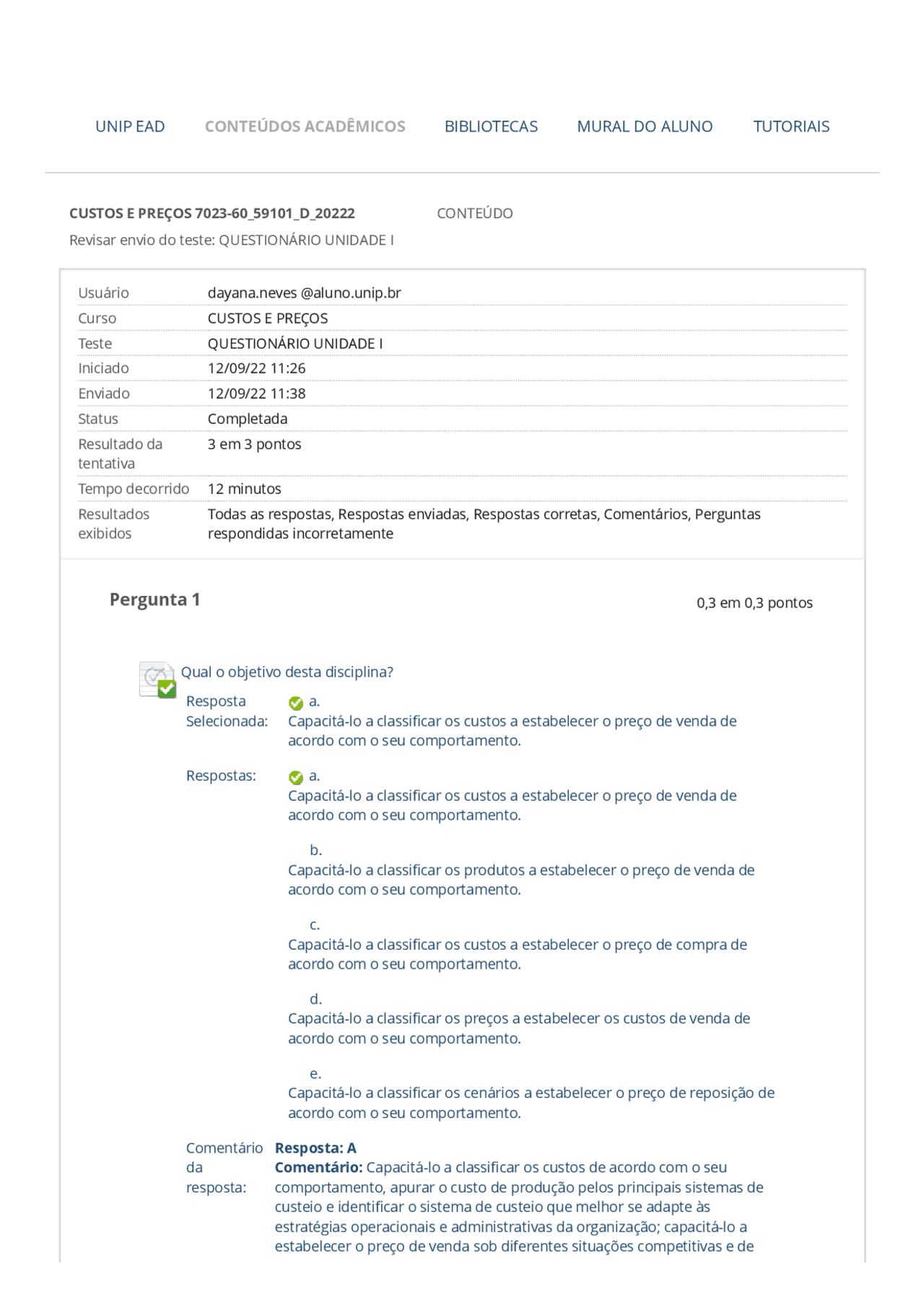 Questionário Unidade I Custos E Preços Provas Administração