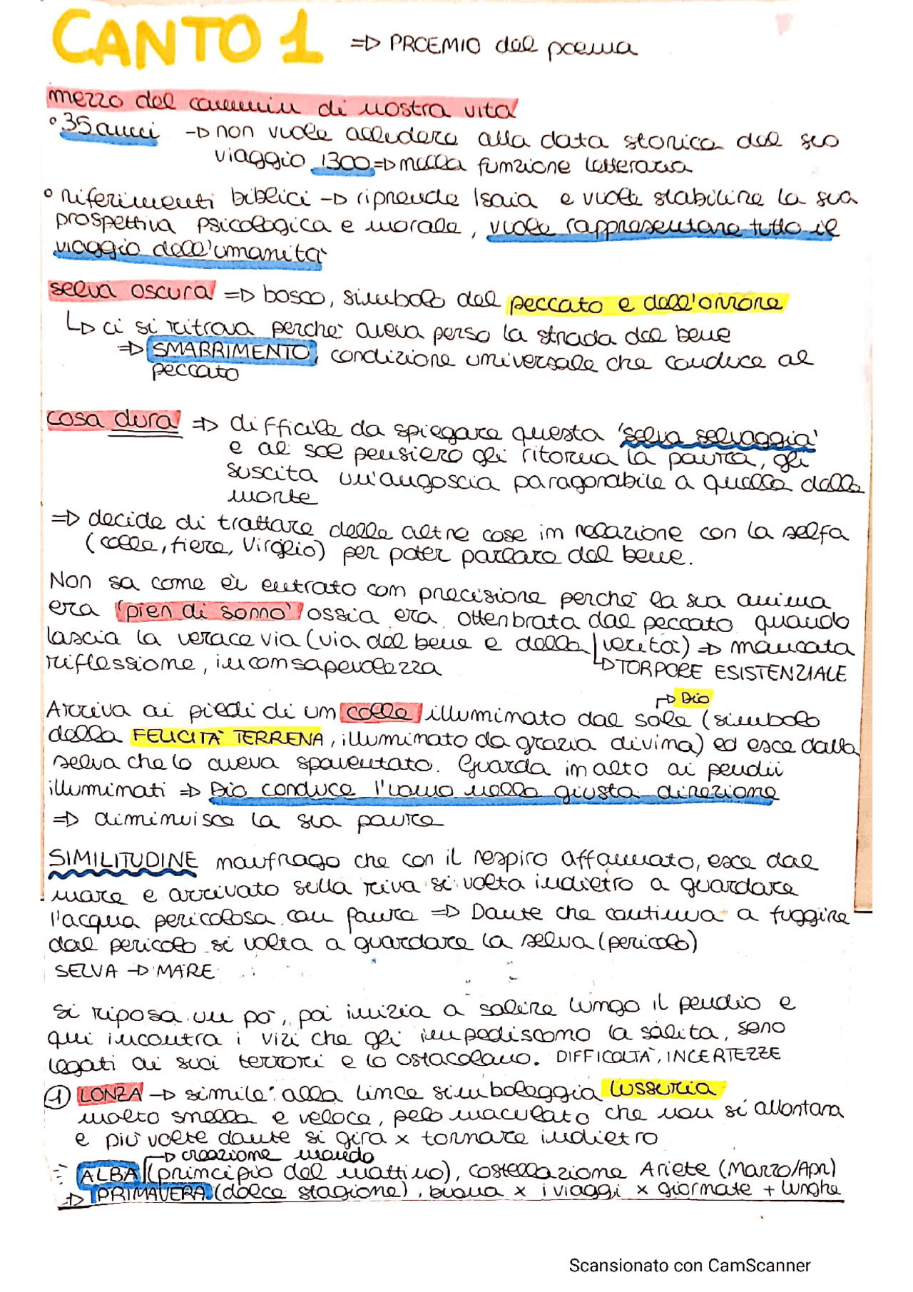 Canto 1 Inferno dantesco | Appunti di Italiano | Docsity