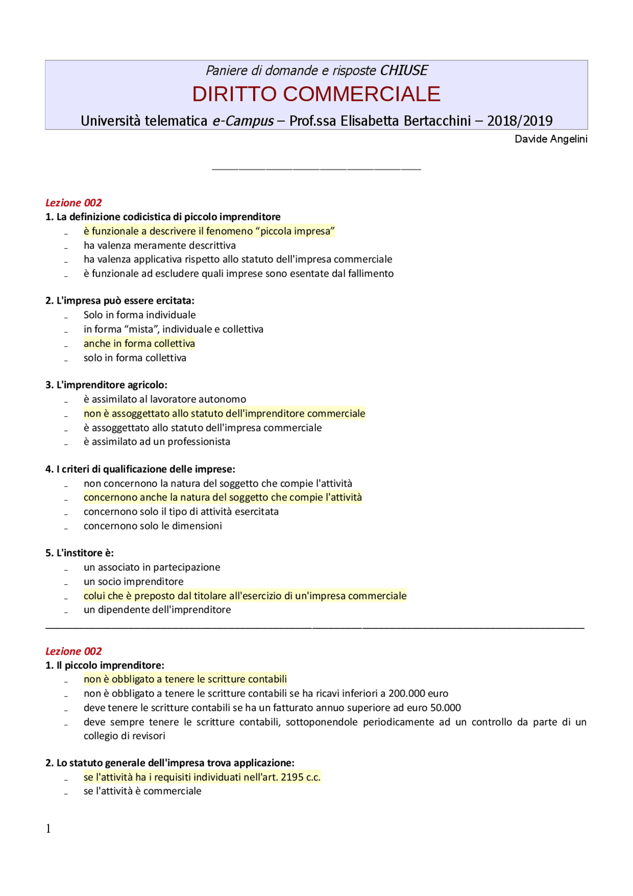 Diritto Commerciale Paniere Domande E Risposte Chiuse Ecampus Prof