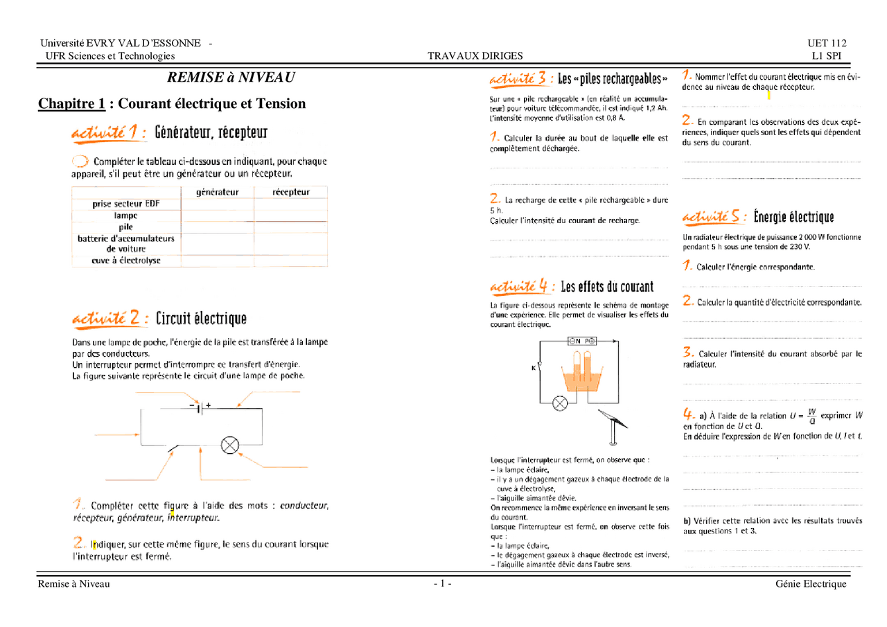 Remise à Niveau L1 Spi Exercices Énergie Docsity