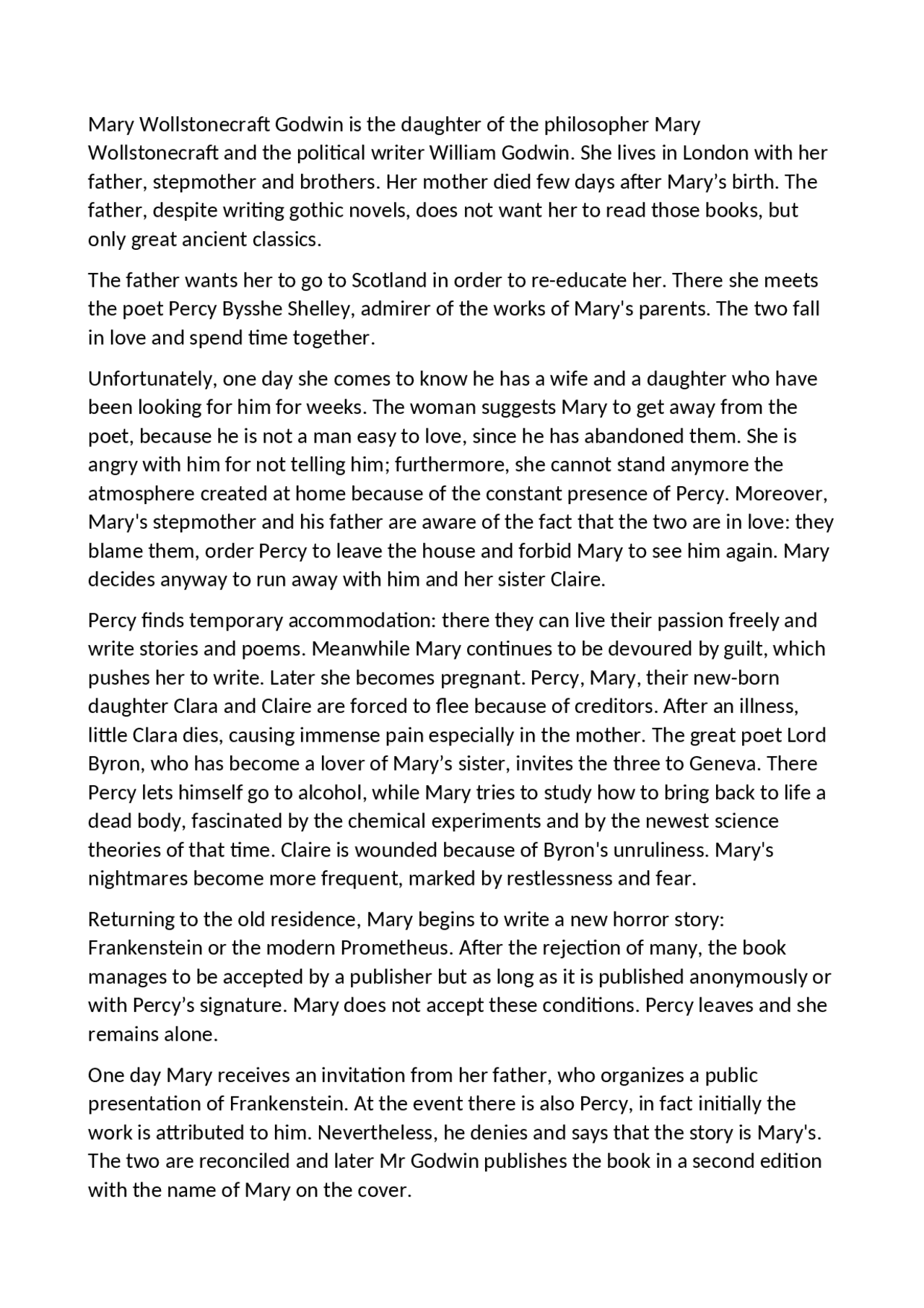The life of Mary Shelley | Guide, Progetti e Ricerche di Inglese | Docsity