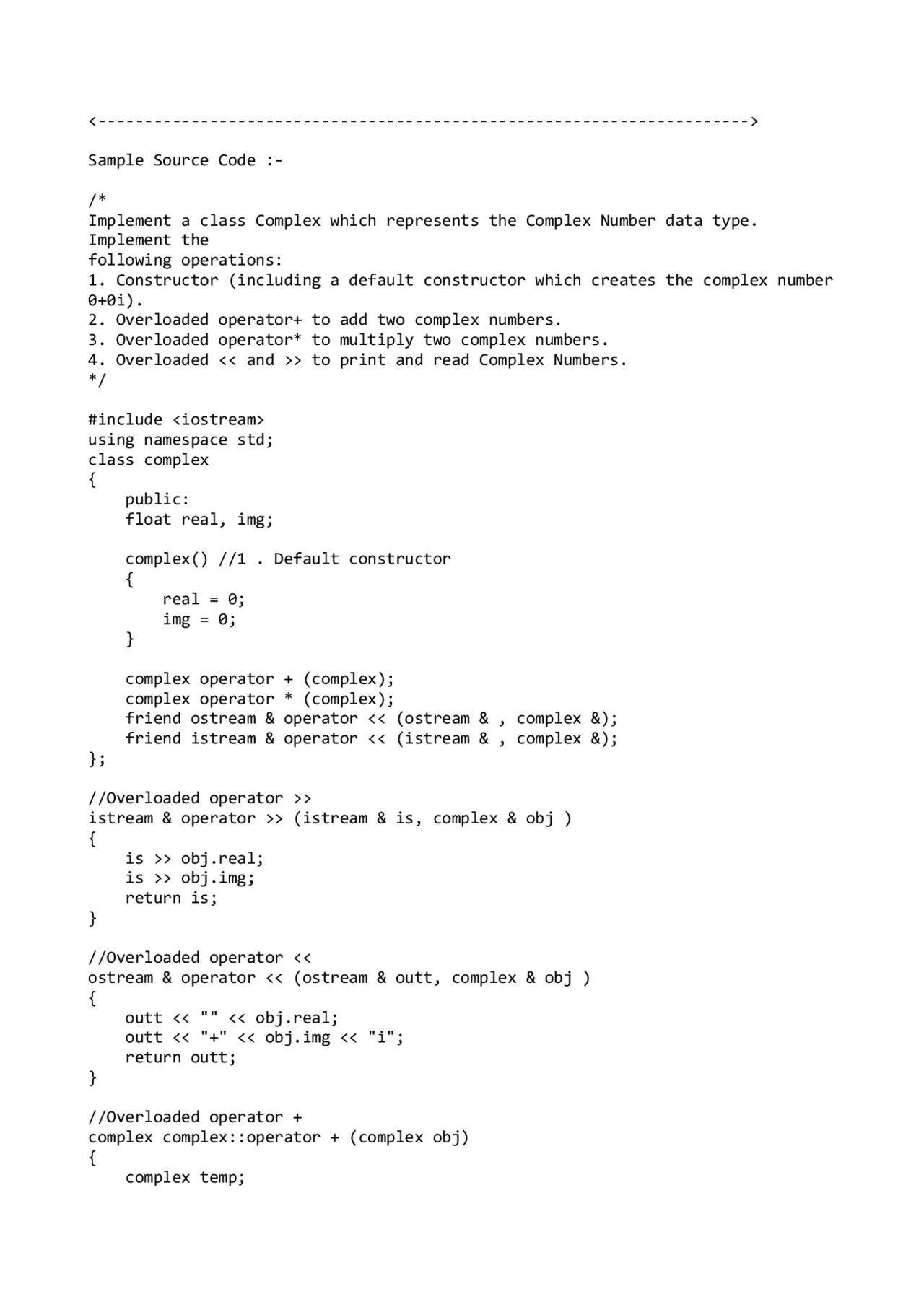 Implement A Class Complex Which Represents The Complex Number Data Type Assignments Object
