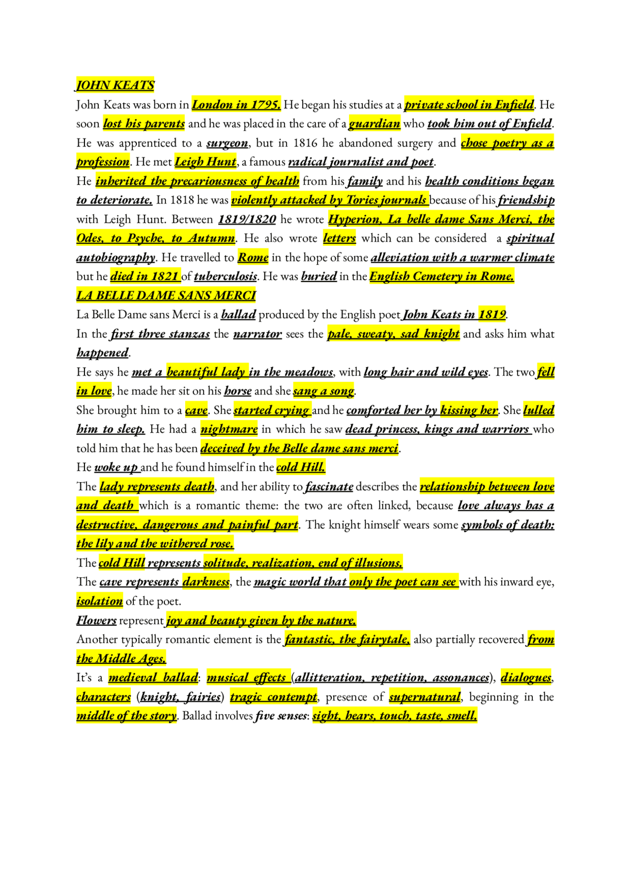 Romanticism John Keats La Dame Sans Merci Dispense Di Inglese Docsity