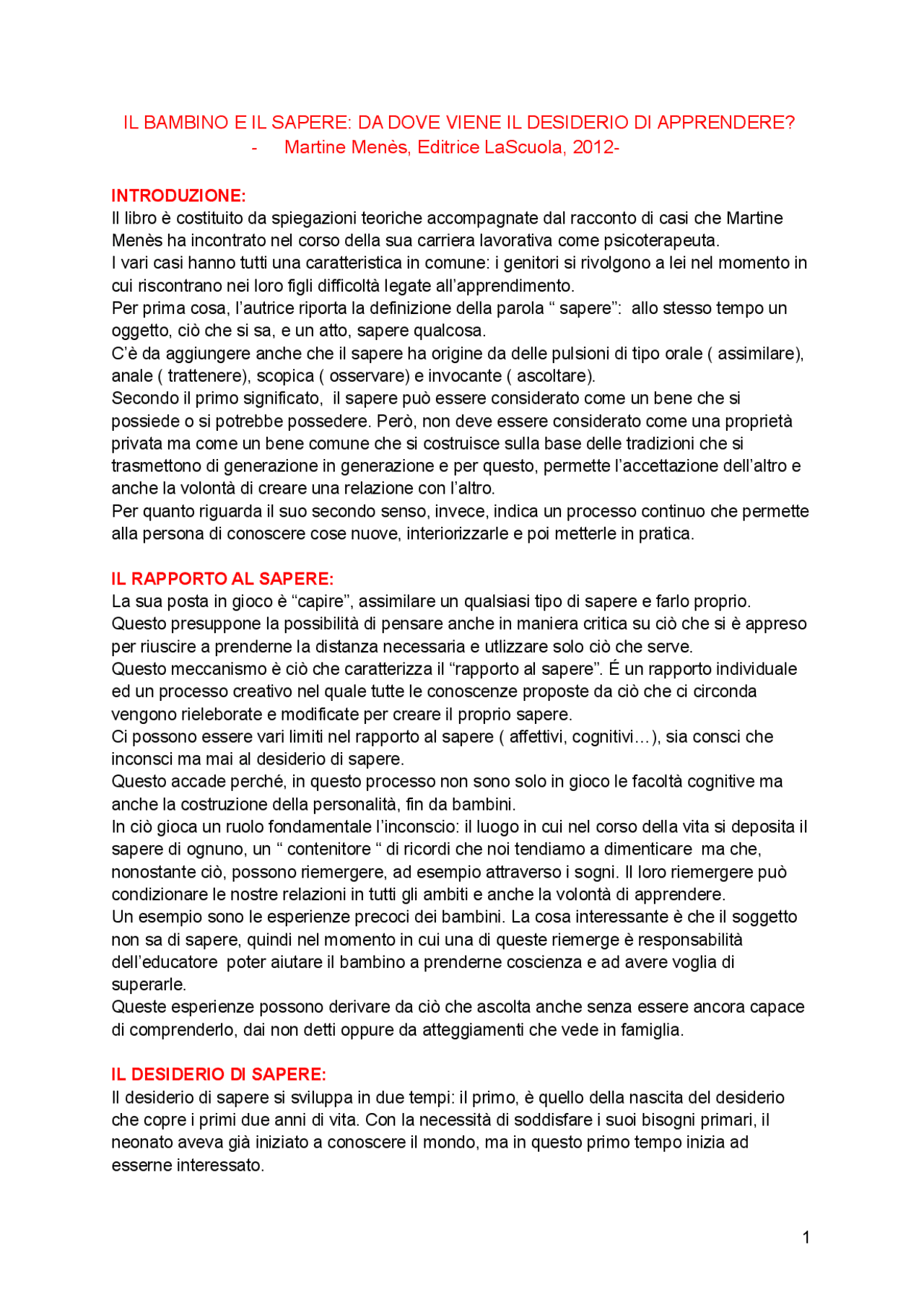 Riassunto " Il bambino ed il sapere" | Schemi e mappe concettuali di ...