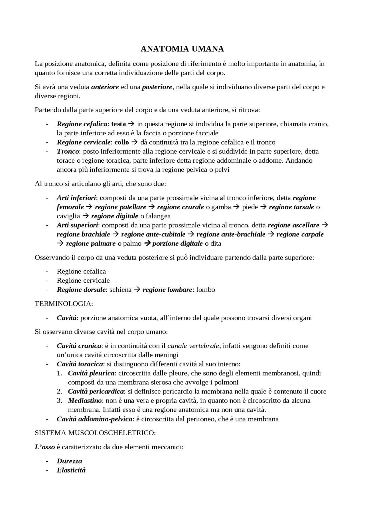 Riassunto Anatomia Umana Schemi E Mappe Concettuali Di Anatomia Docsity