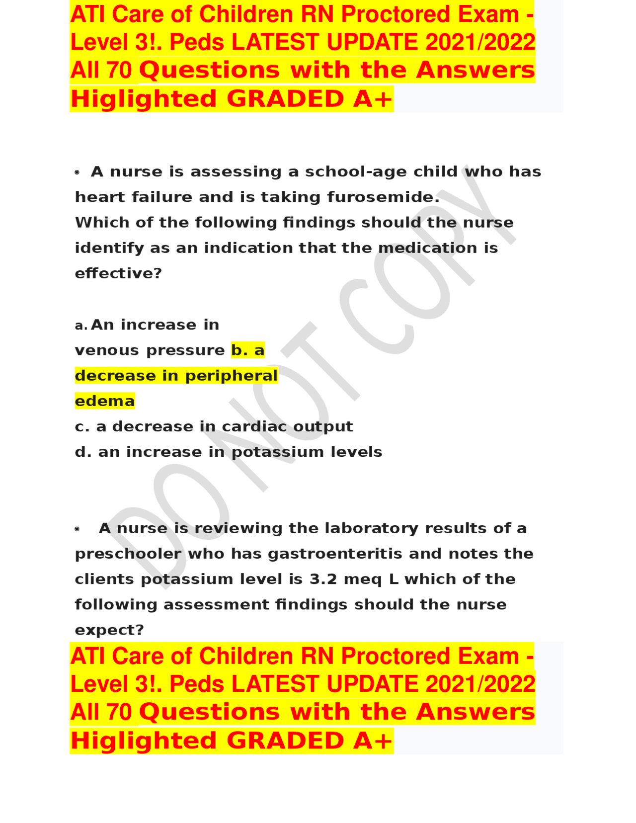 ATI Care of Children RN Proctored Exam - Level 3!. Peds LATEST UPDATE ...