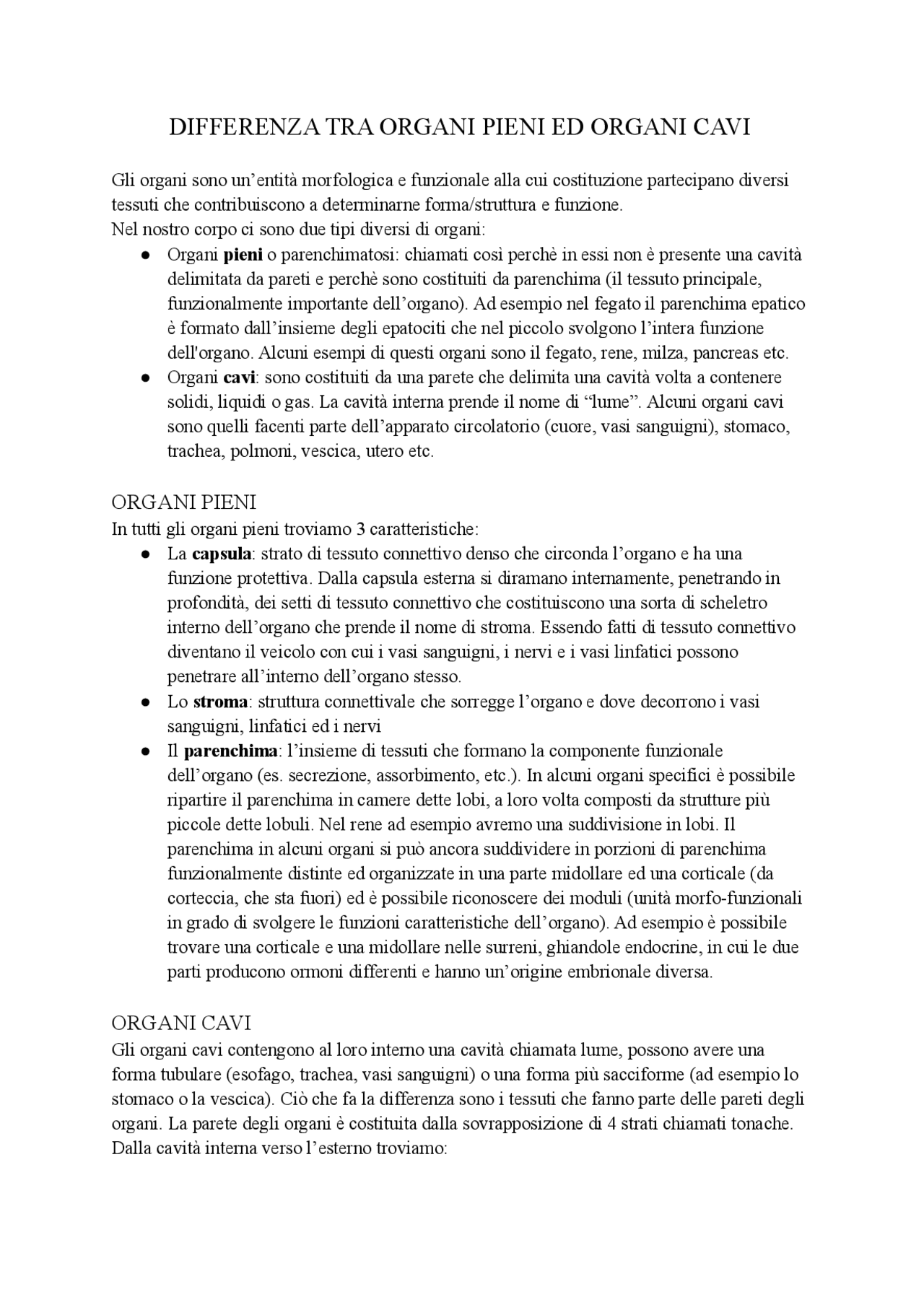 Appunti sugli organi pieni e organi cavi | Dispense di Anatomia | Docsity