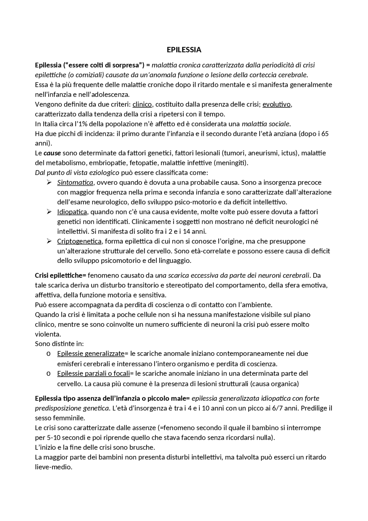 Epilessia | Schemi e mappe concettuali di Igiene | Docsity