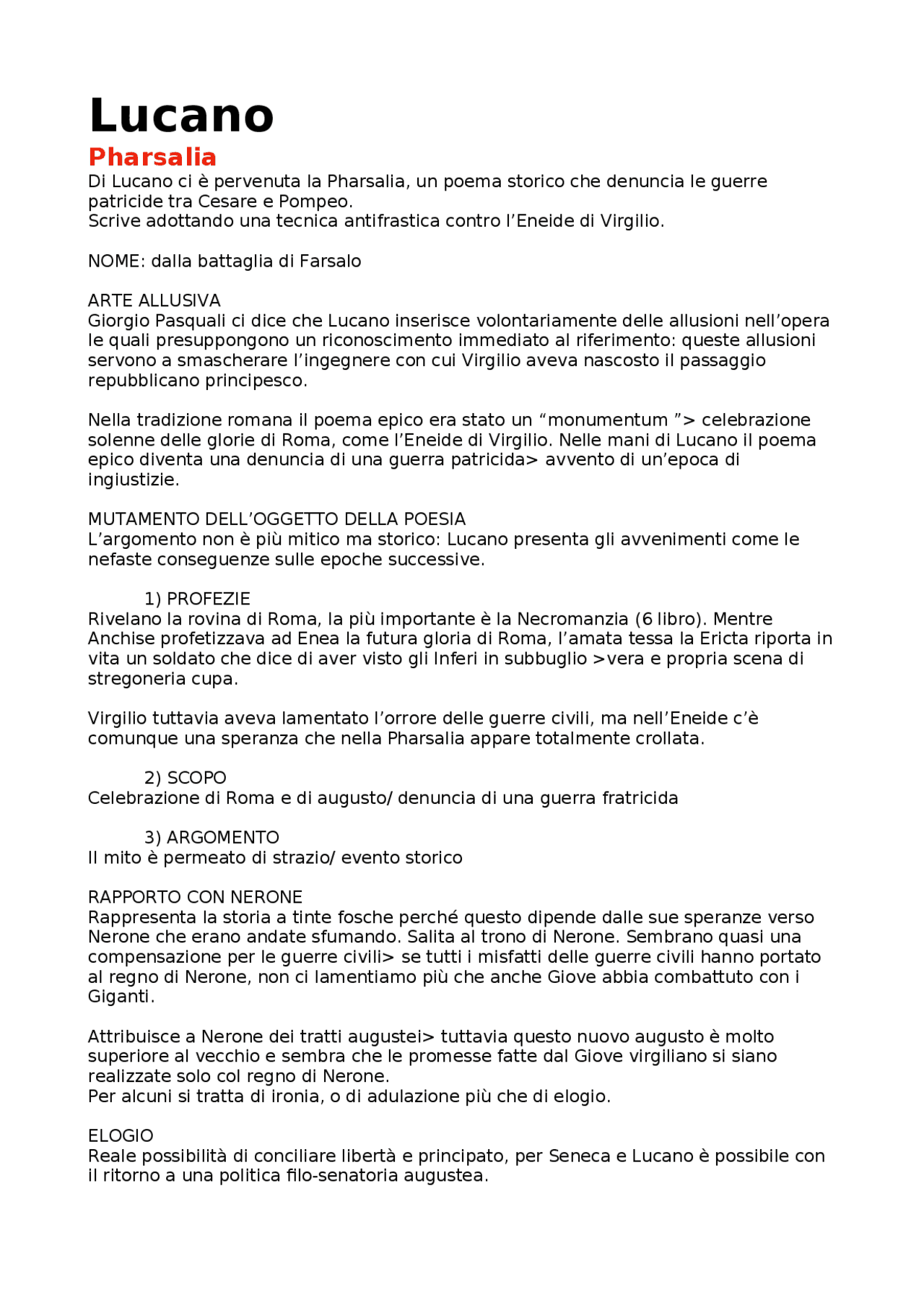 Lucano: la Pharsalia e analisi del proemio dell'opera | Appunti di Latino | Docsity