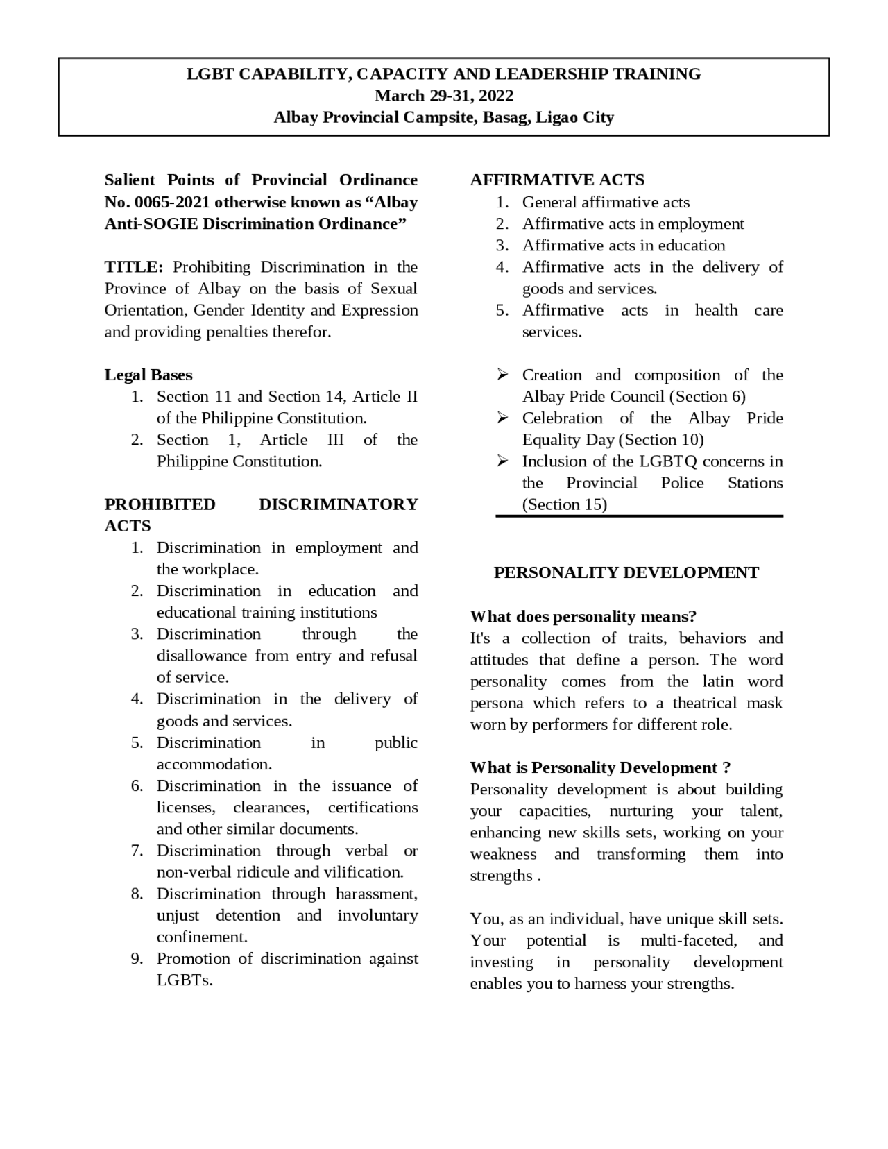 Learning Module used during the conduct of the capacity, capability ...