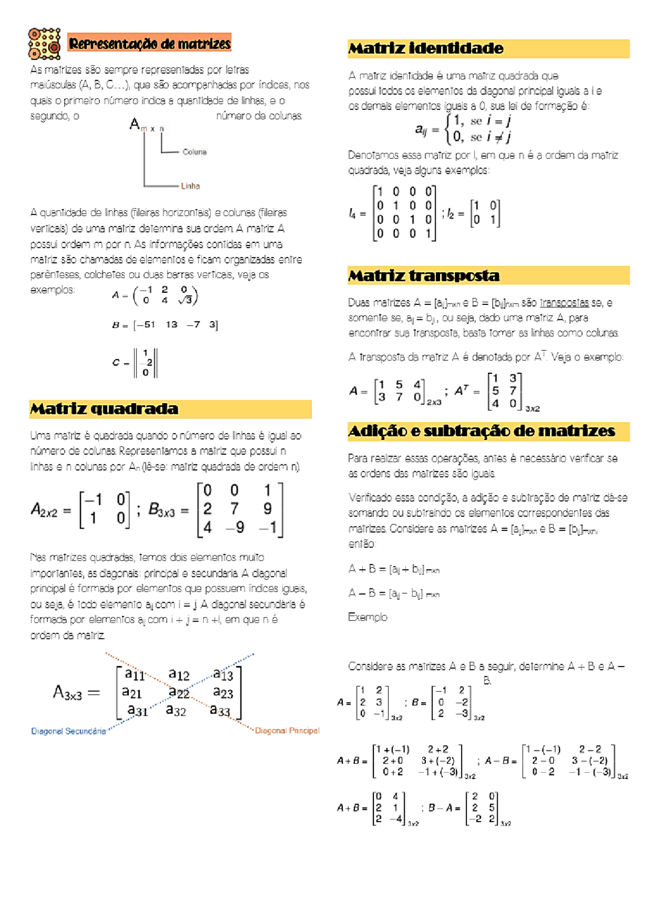 Matrizes: representação e operações | Resumos Matemática | Docsity
