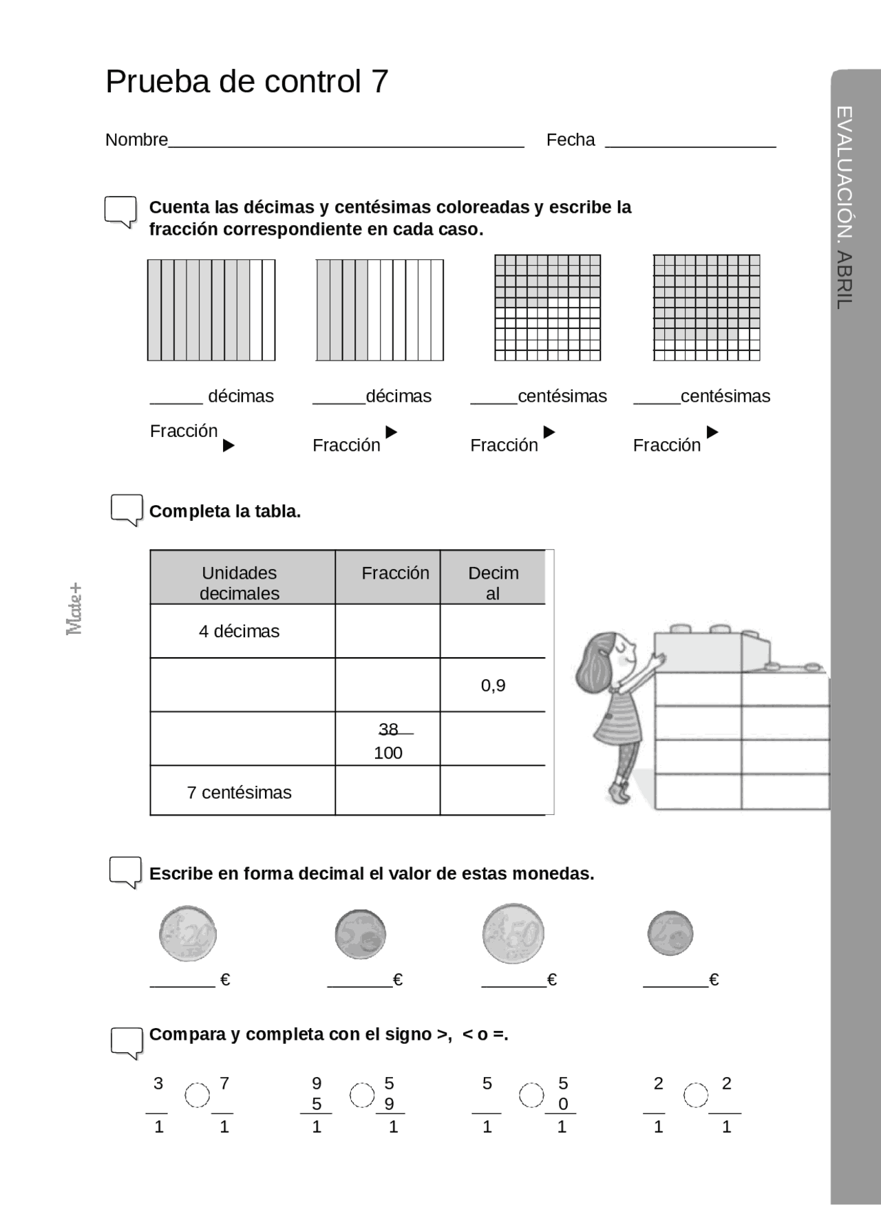 Examen Matemáticas 3º Primaria Udi 7 Editorial Santillana Exámenes