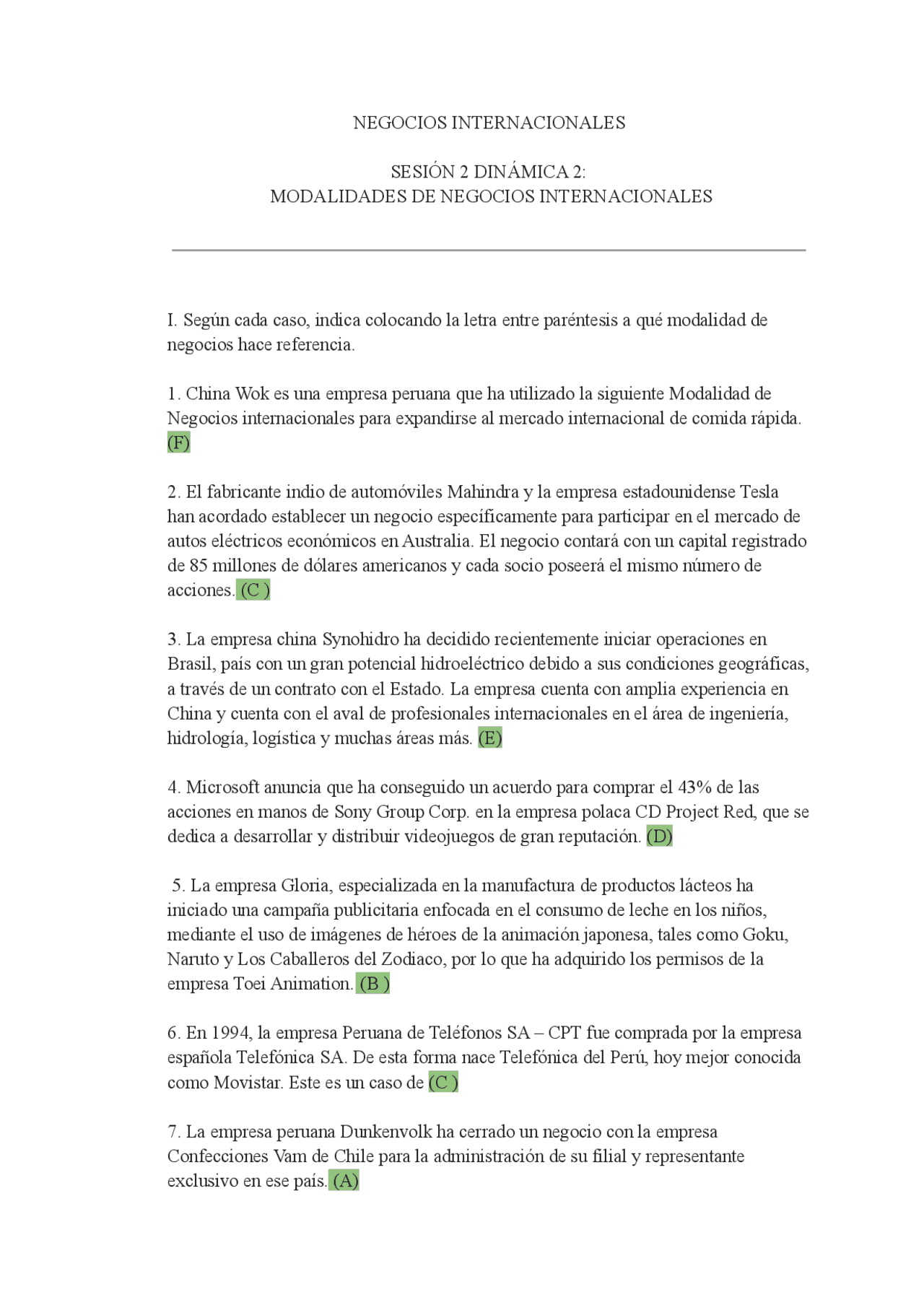 Modalidades de Negocios Internacionales | Ejercicios de Negocios Internacionales | Docsity