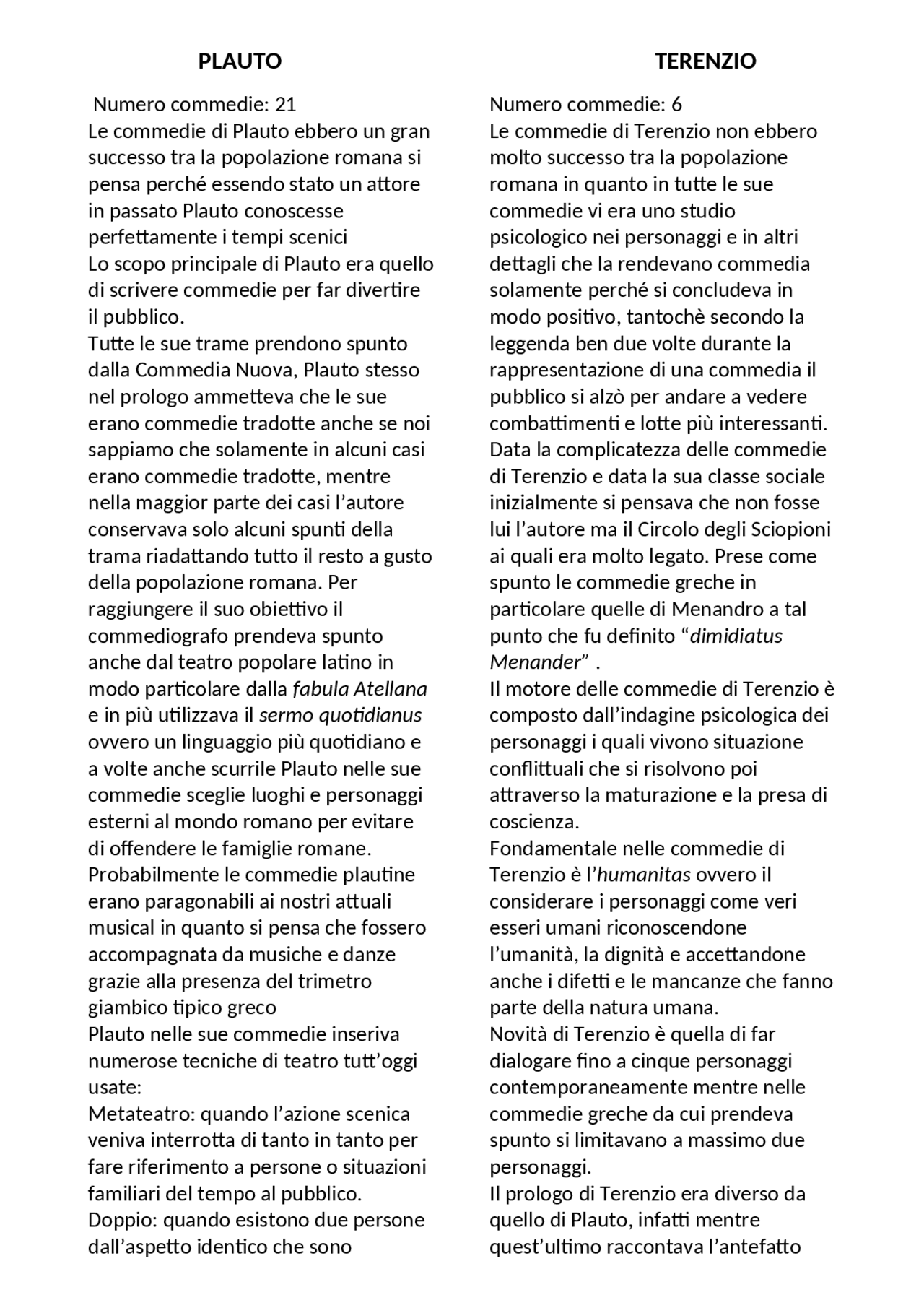 Differenze Tra Plauto E Terenzio Appunti Di Latino Docsity