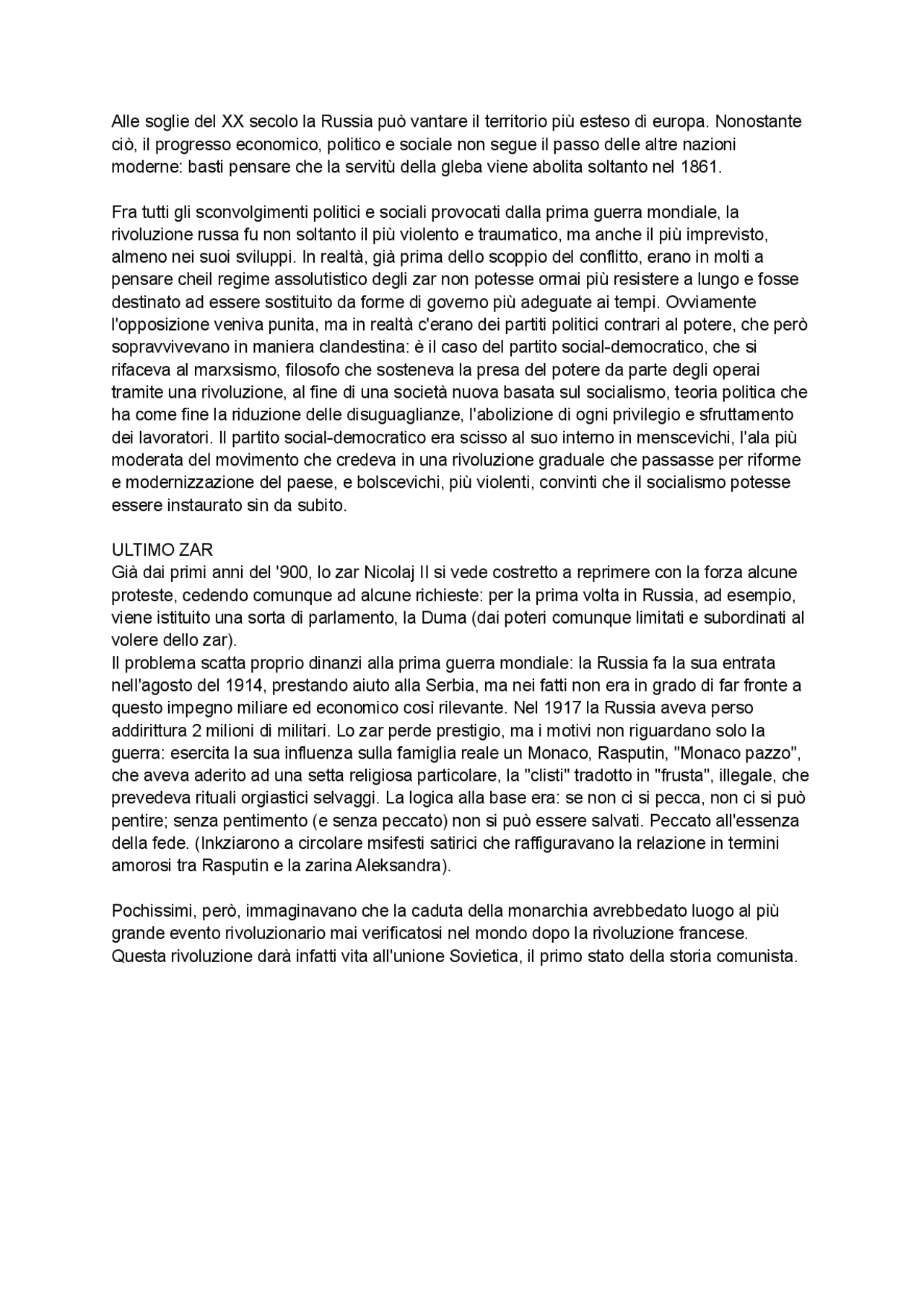 Crisi In Russia Ultimo Zar Summaries History Docsity