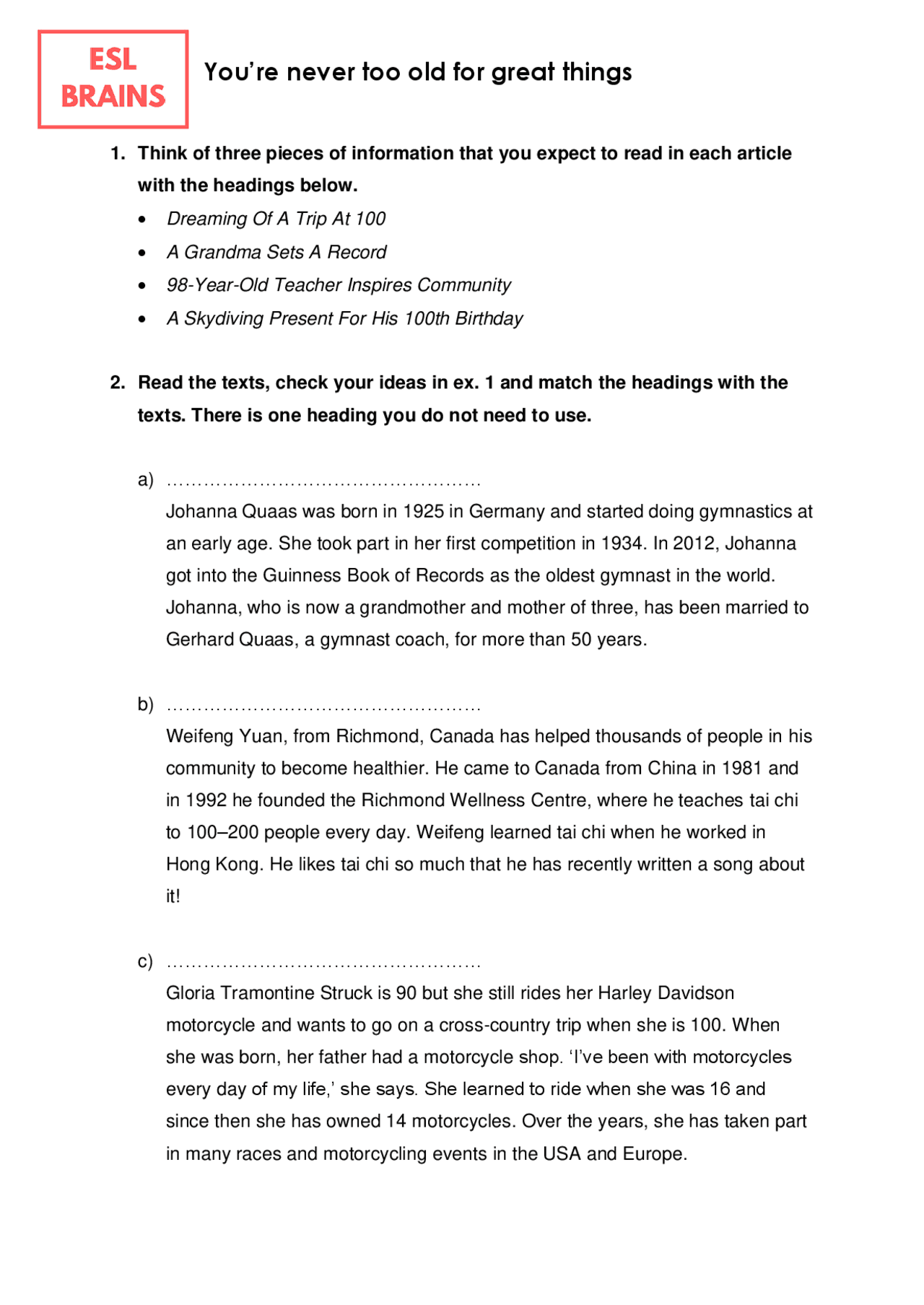 LESSON: You’re never too old for great things | Exercises English - Docsity