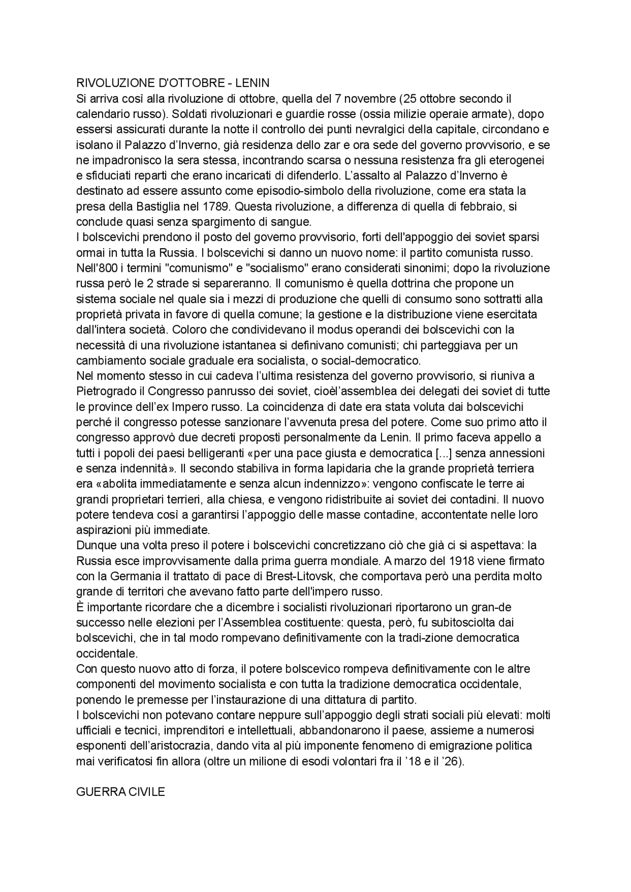 Russia Rivoluzione Dottobre E Guerra Civile Summaries History Docsity