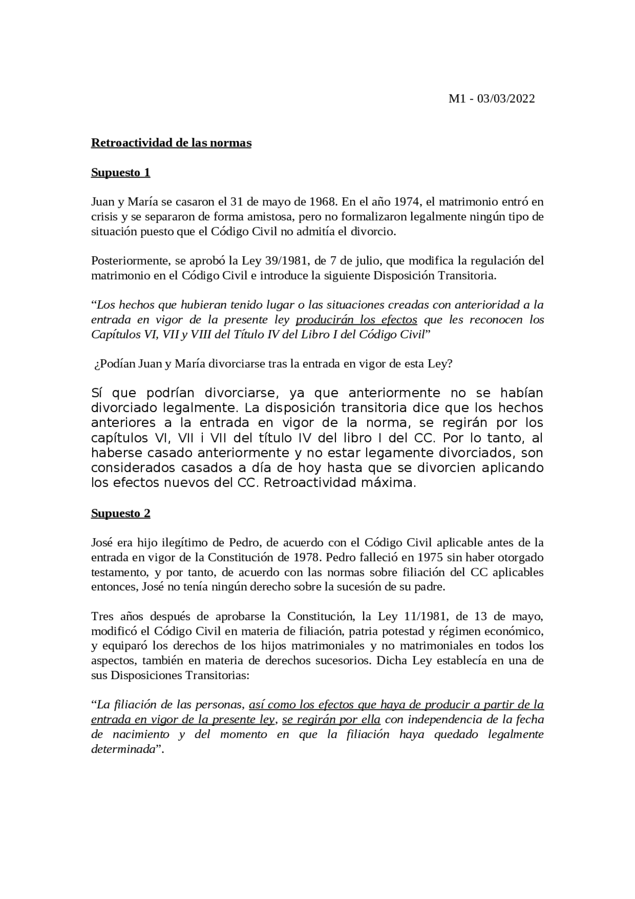 Caso Retroactividad 1 Ejercicios De Derecho Civil Docsity