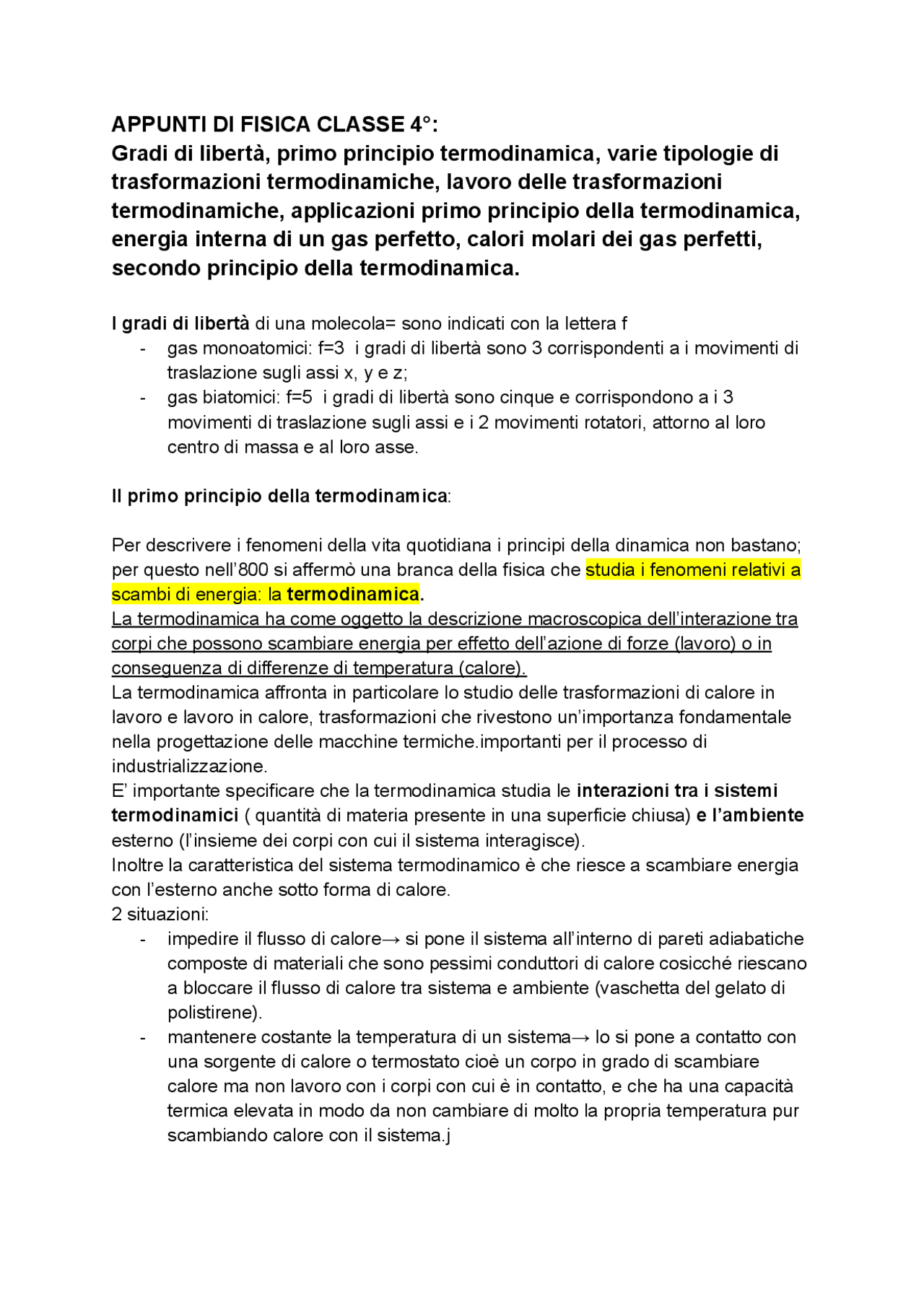 Appunti Primo Principio Della Termodinamica E Trasformazioni