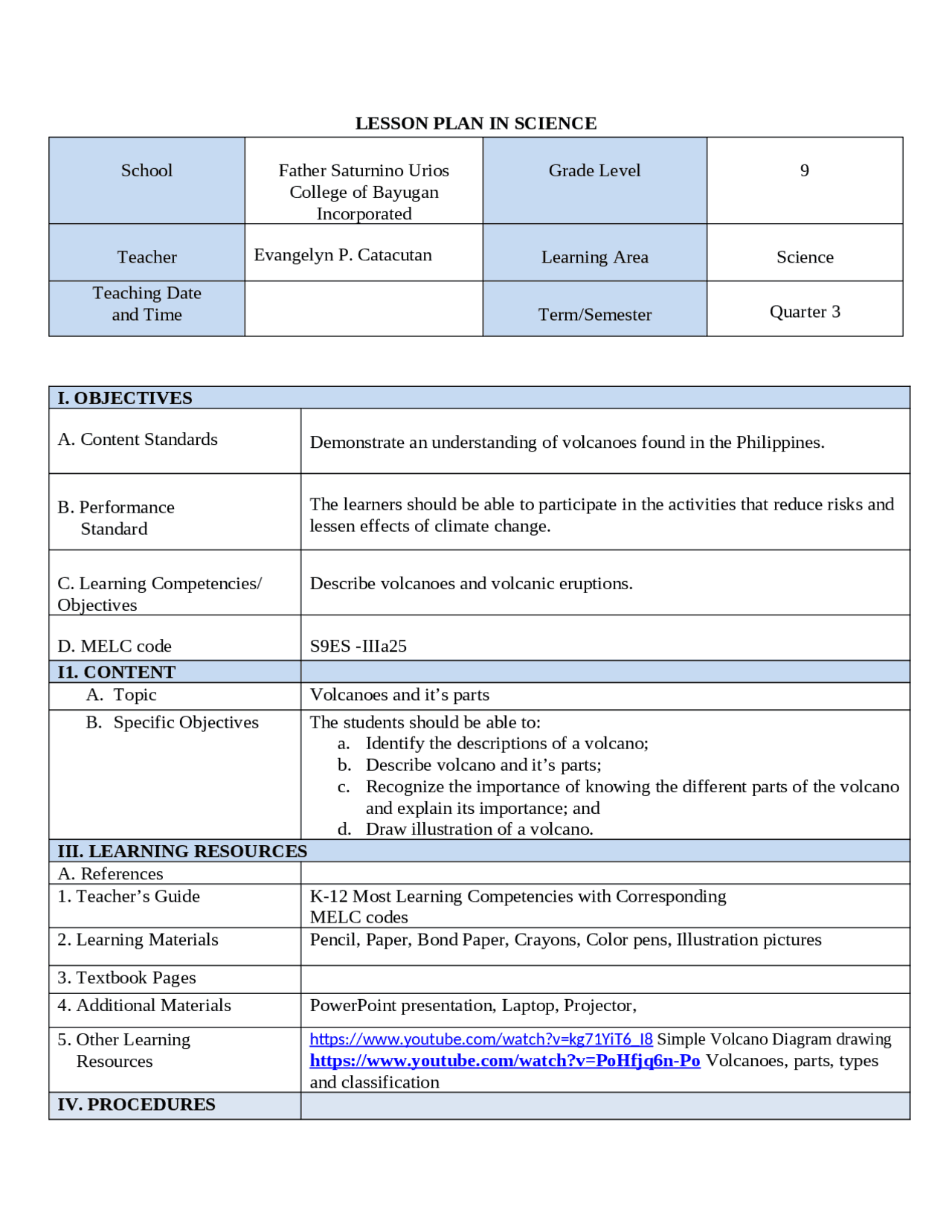 Lesson Plan In Science Lecture Notes Earth Science Docsity