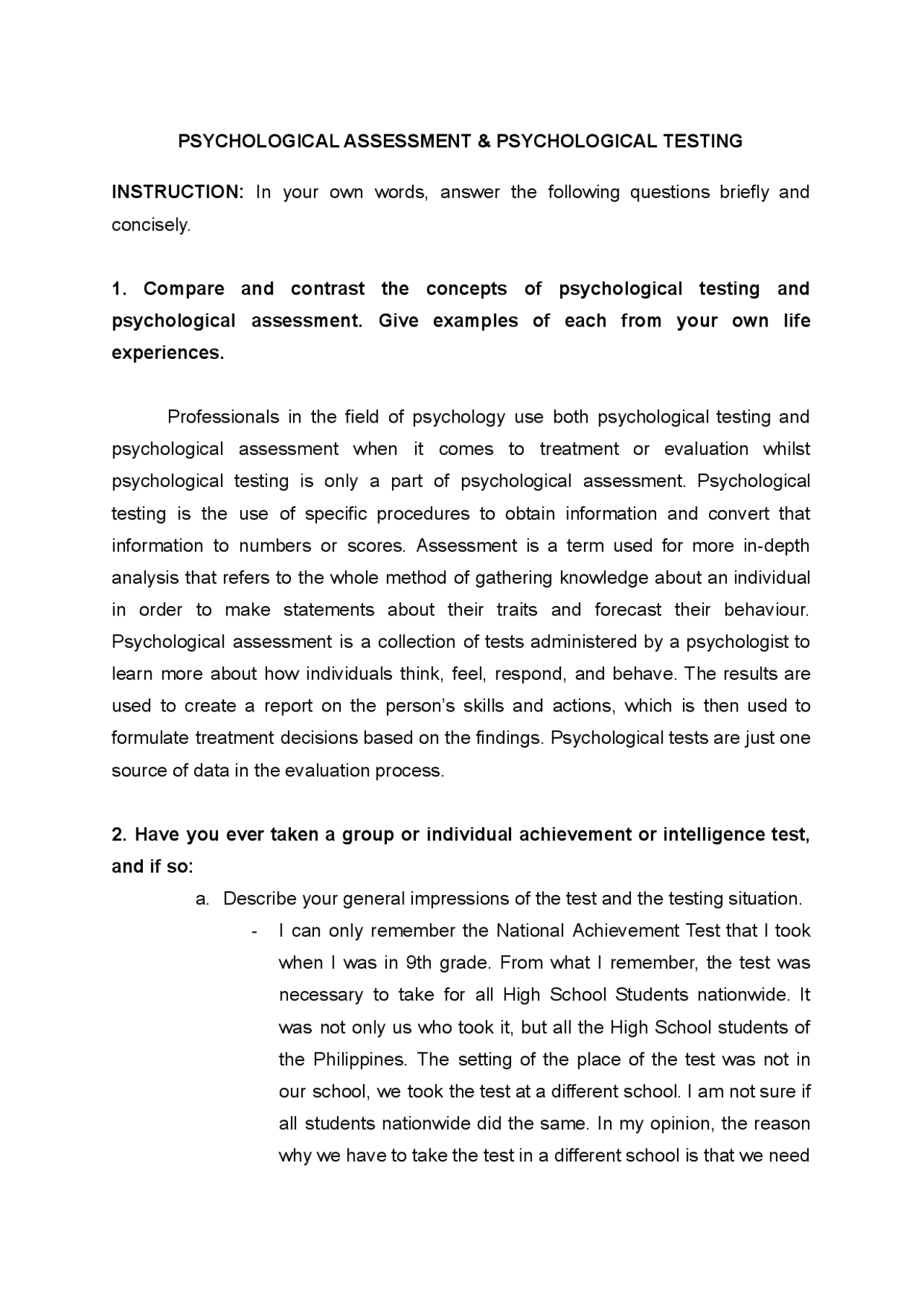 PSYCHOLOGICAL TESTING AND ASSESSMENT | Assignments Psychology - Docsity