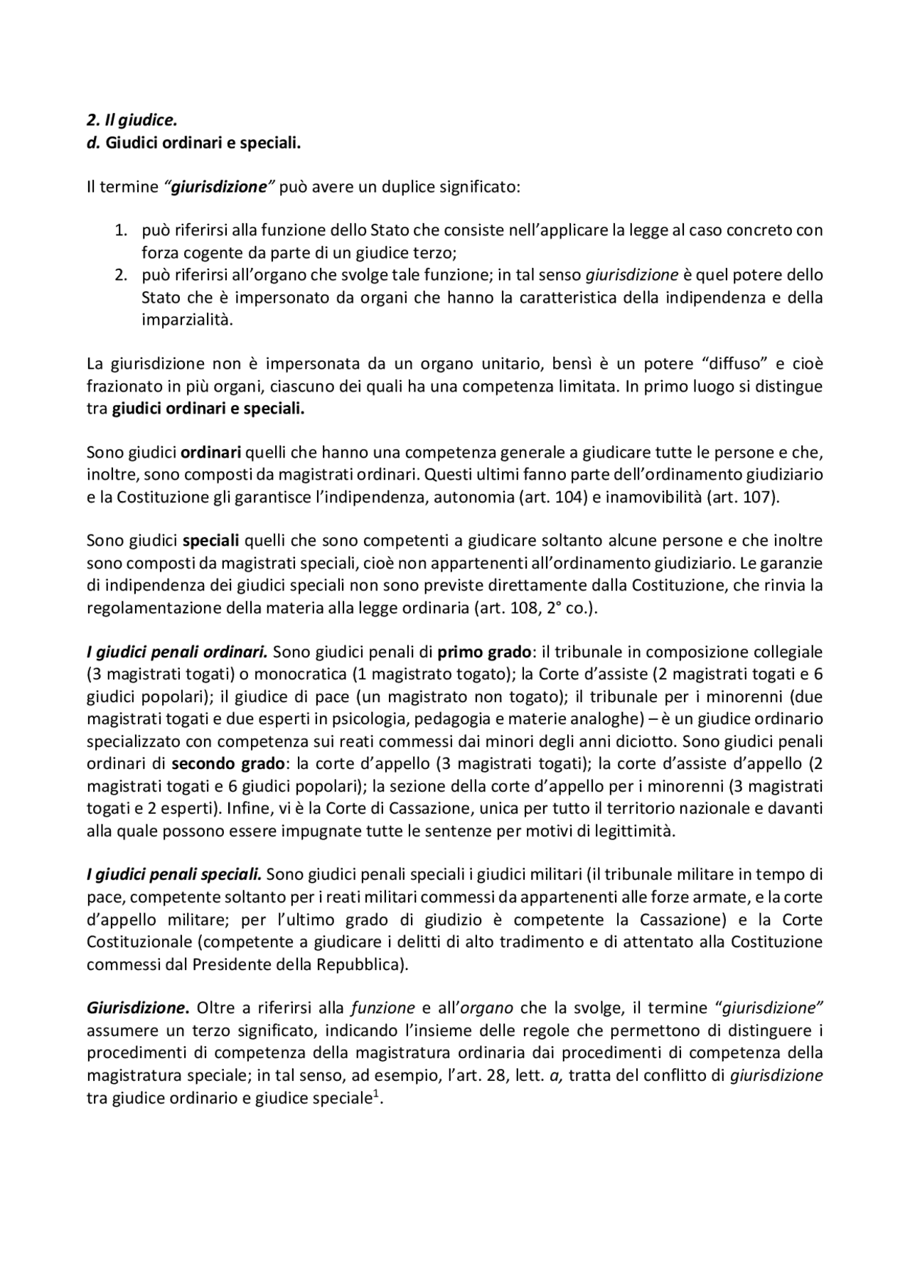 I giudici ordinari e speciali | Appunti di Diritto Processuale Penale | Docsity