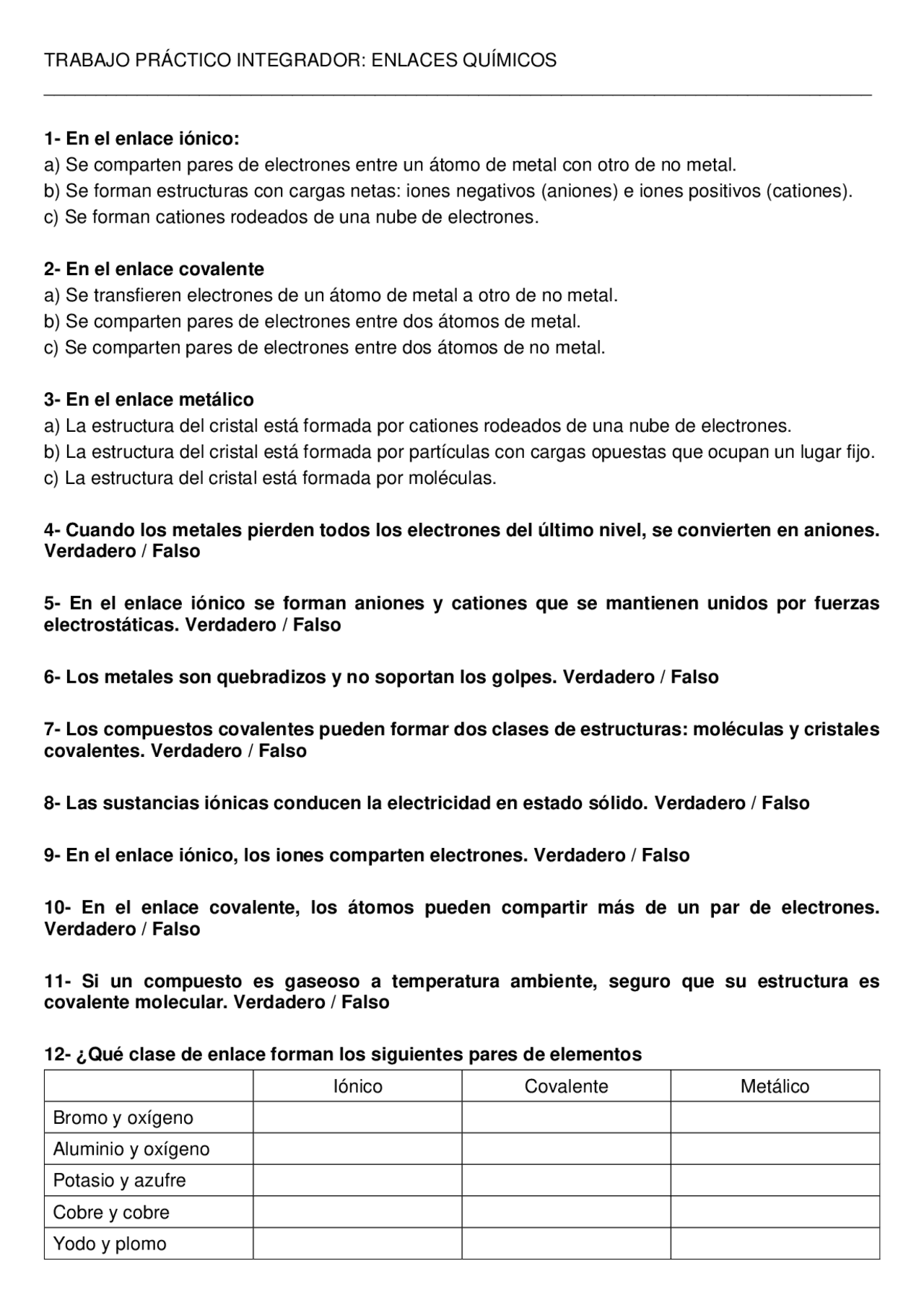 Enlaces Químicos Actividad Exámenes De Química Docsity