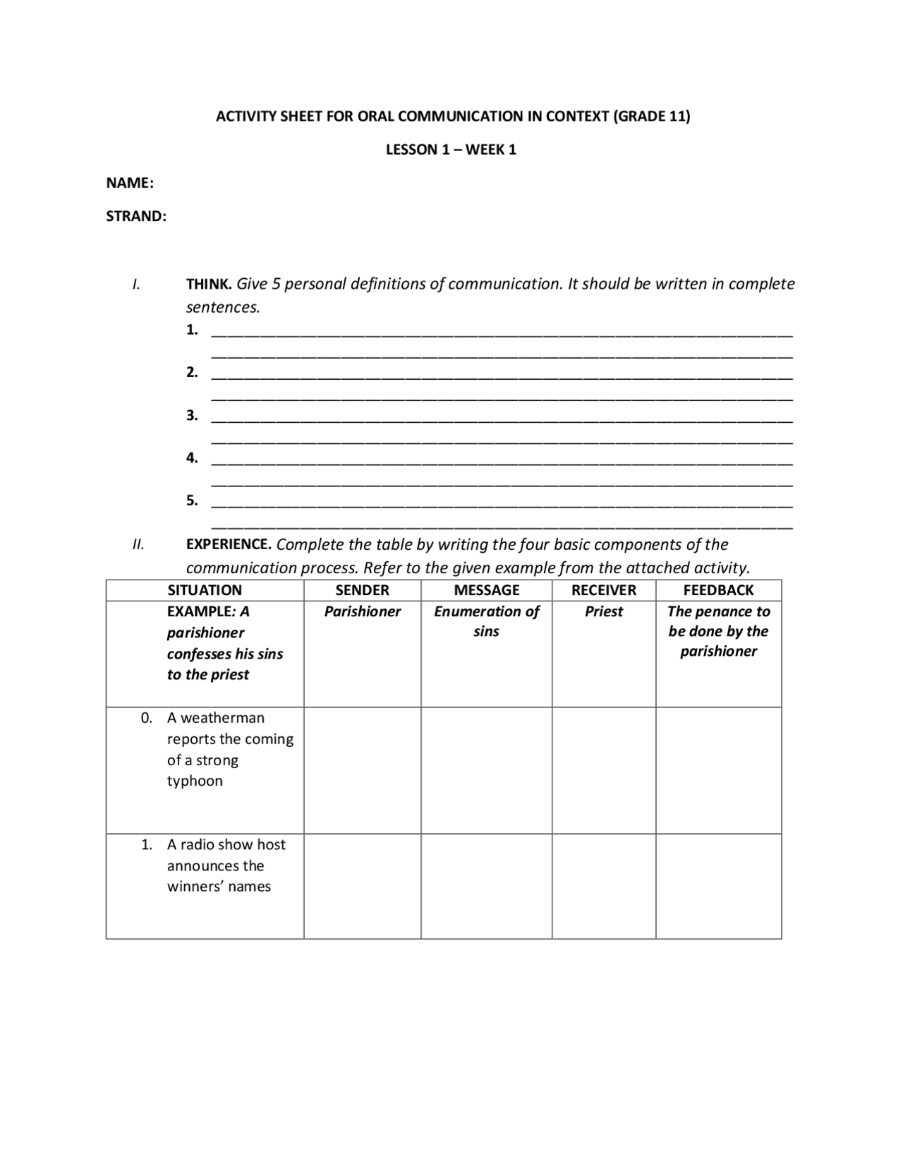 Activity Sheets In Oral Communication Is Summaries Ethics Docsity