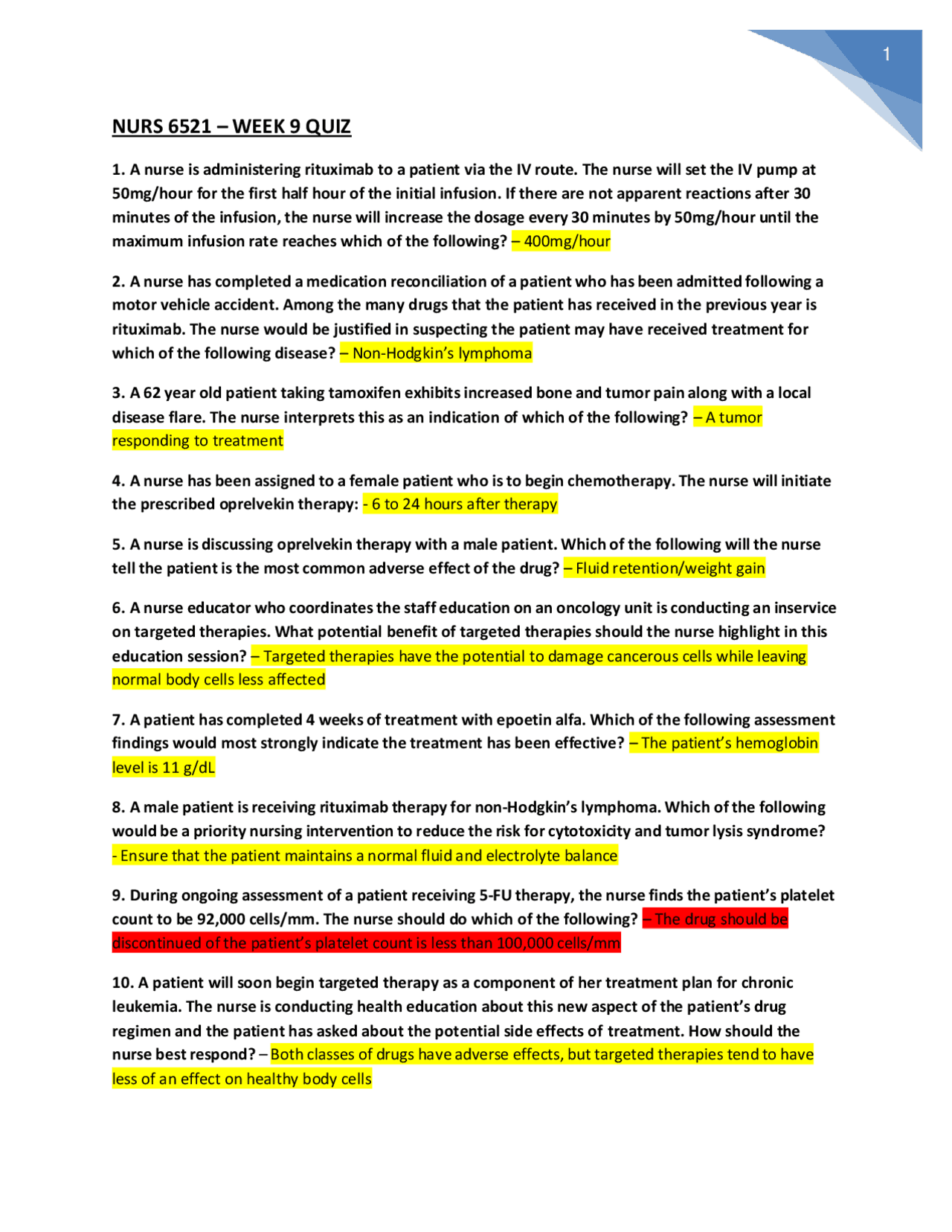 NUR 6521 Advanced Pharm week 9 quiz Graded A | Exams Nursing - Docsity
