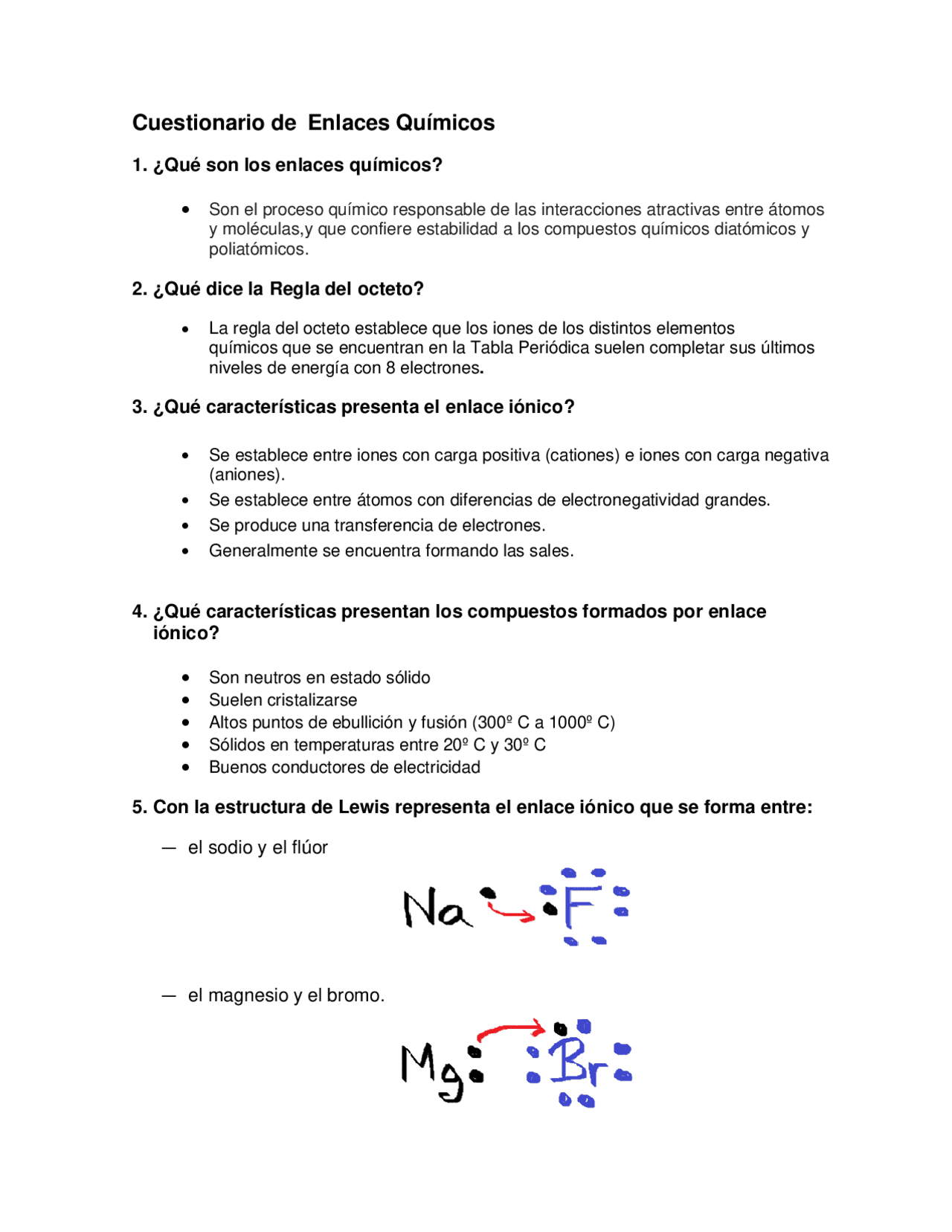 Cuestionario Enlace Quimico Ejercicios De Química Docsity