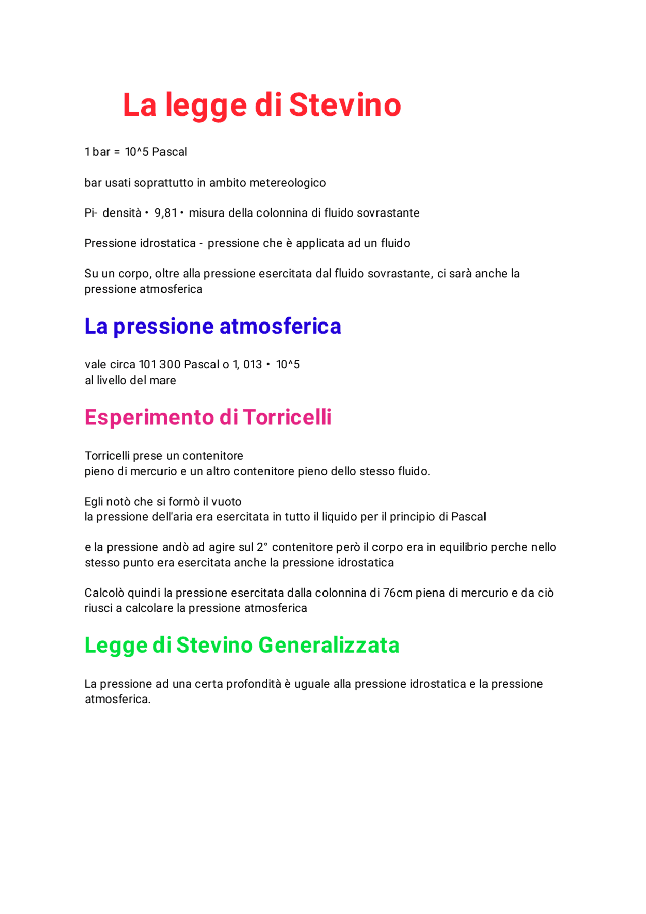 La legge di Stevino e la pressione | Schemi e mappe concettuali di ...