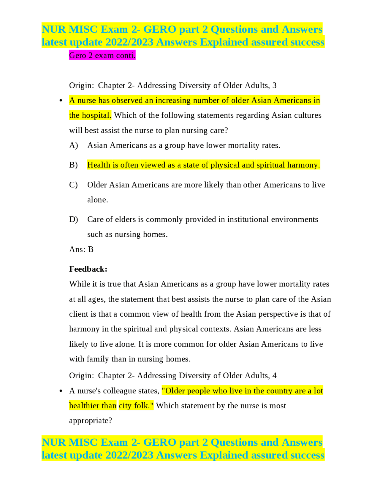 Nur Misc Exam 2 Gero Part 2 Questions And Answers Latest Update 2022