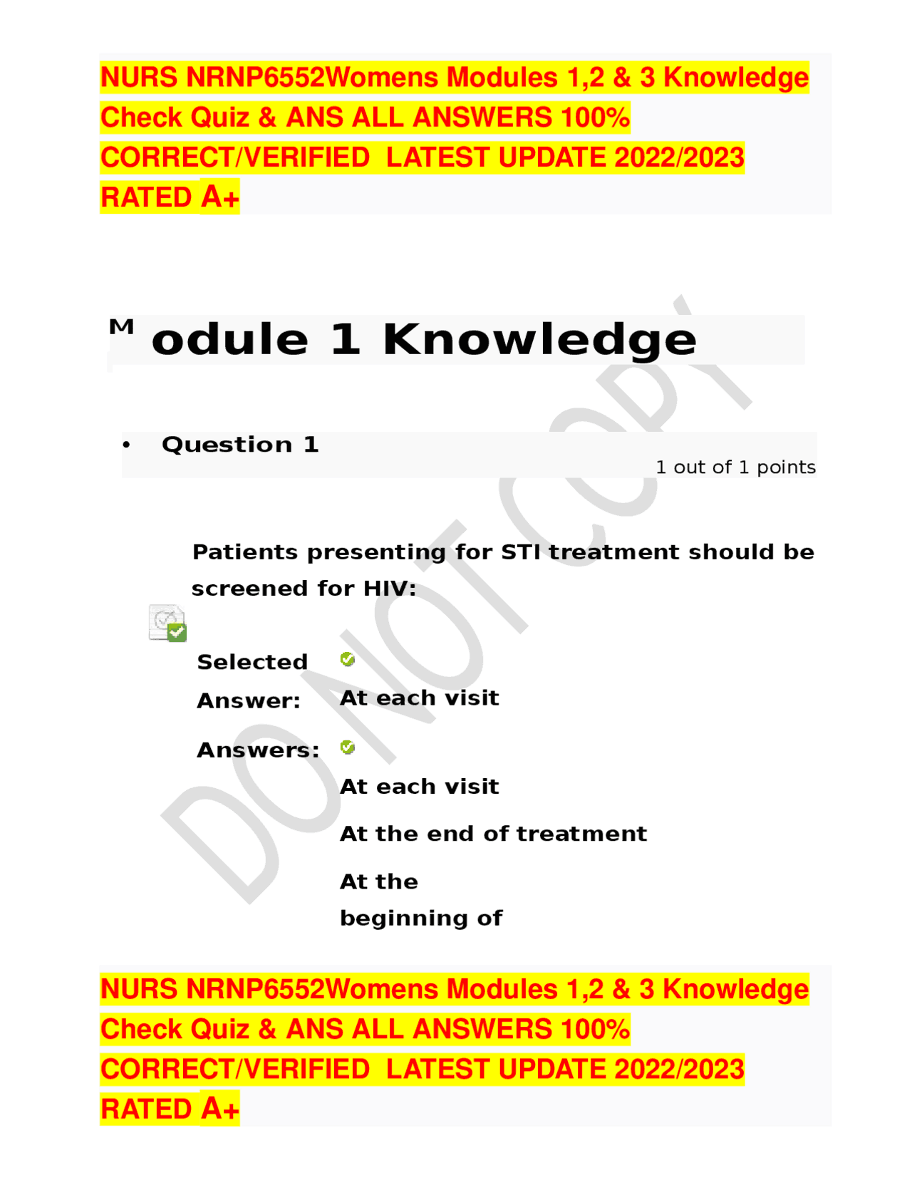 Nurs Nrnp6552womens Modules 12 And 3 Knowledge Check Quiz And Ans All