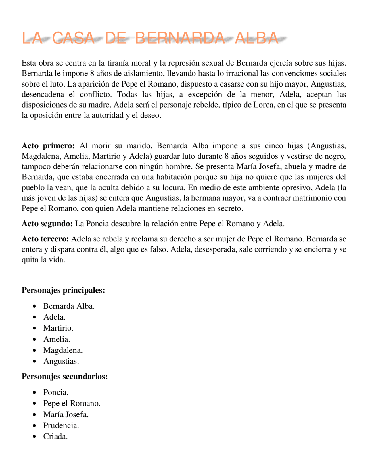 La casa de Bernarda Alba | Resúmenes de Lengua y Literatura - Docsity