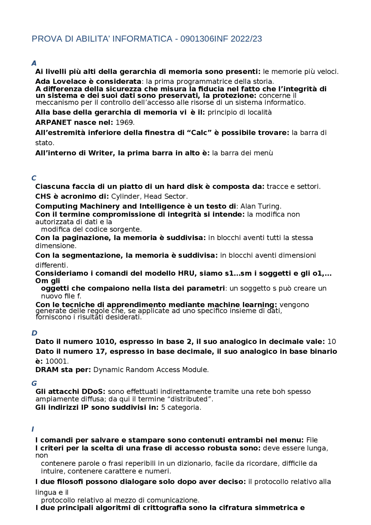 Prova Di Abilita Informatica Nuovo Programma L19 Prove Desame Di