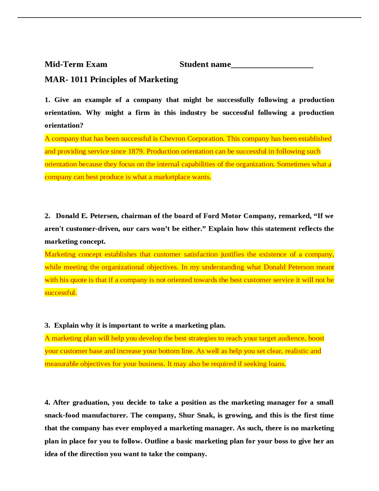 Mar 1011 Midterm Exammar1011 Principles Of Marketing Latest With