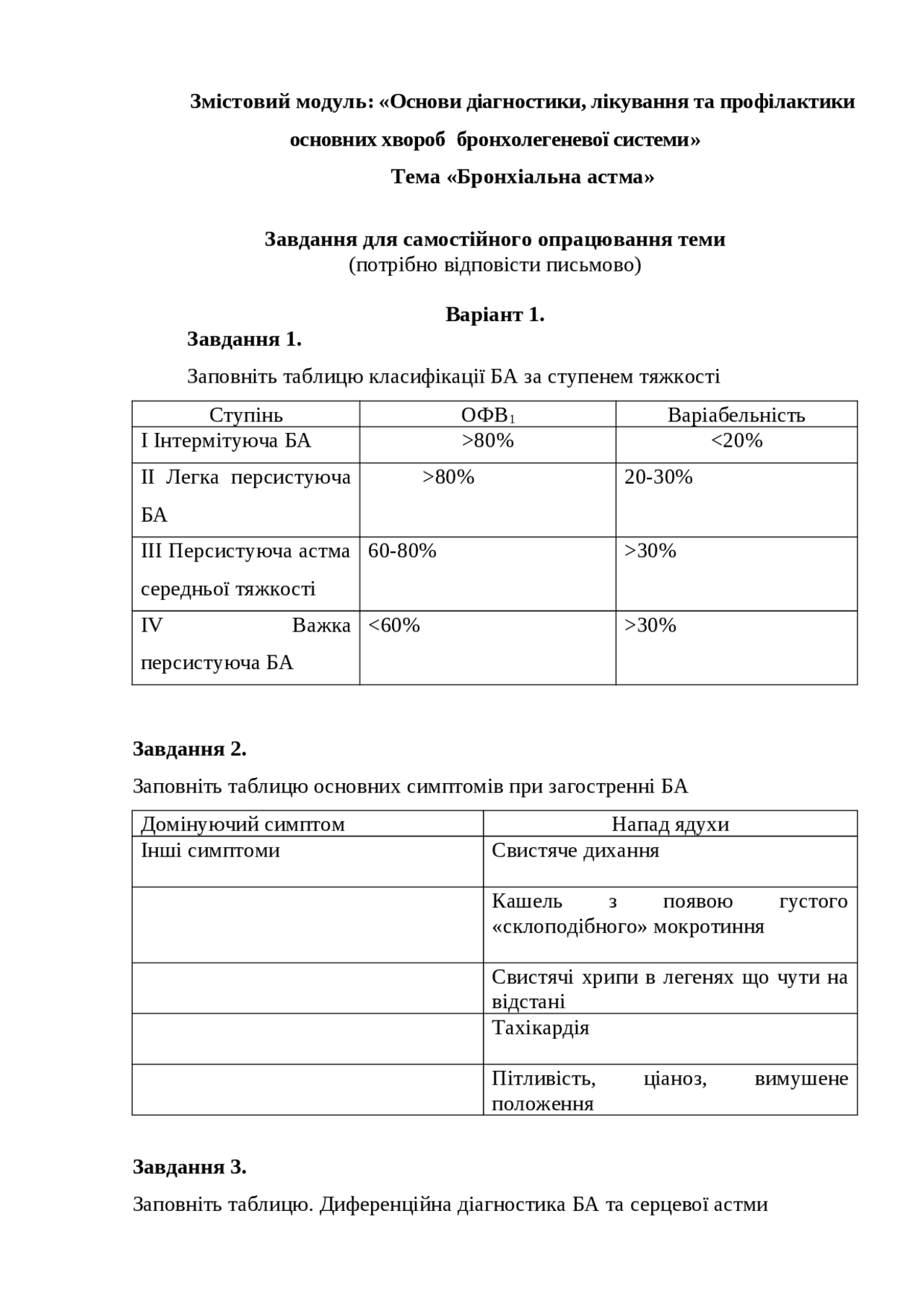 Бронхіальна астма Зошит Упражнения и задачи Терапия Docsity