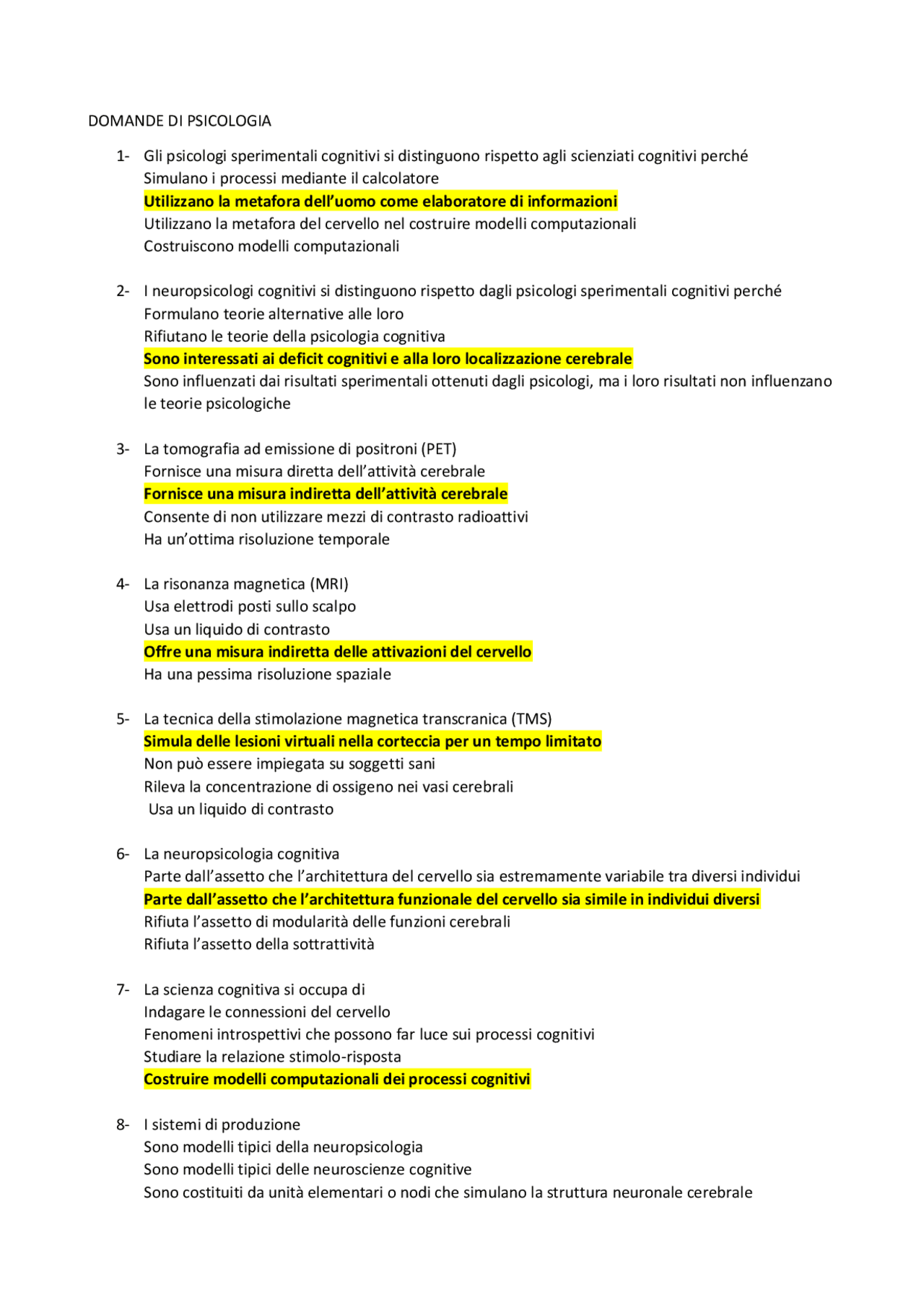 Domande Varie Esercizi E Esame Psicologia Generale Primo Anno Prove D