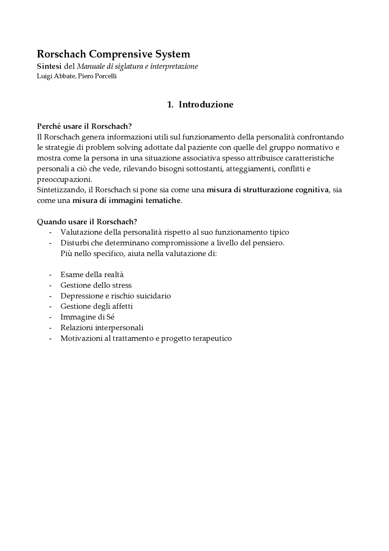 Sintesi del Manuale "Rorschach Comprensive System" | Sintesi del corso ...